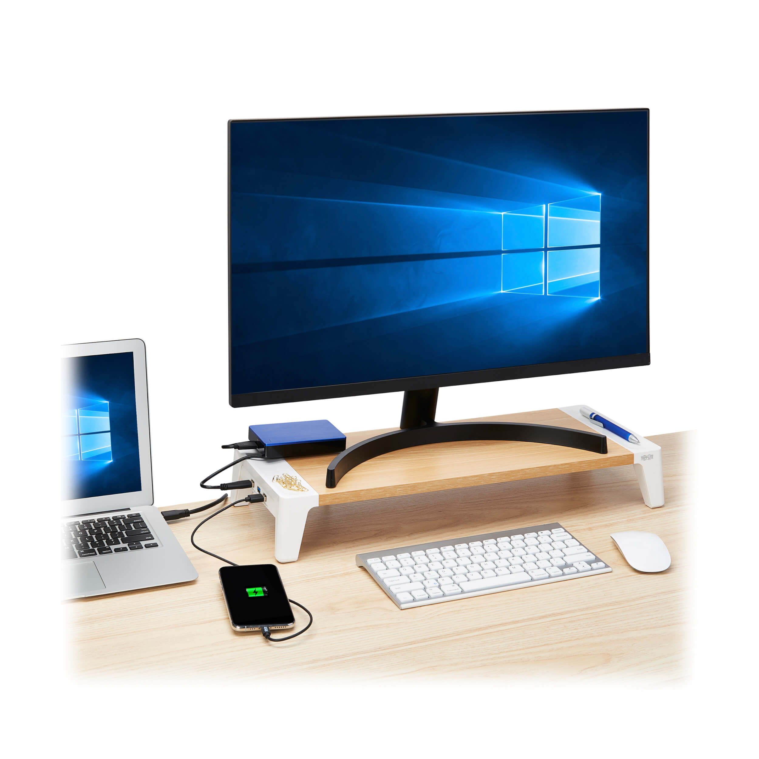 Desk Monitor Riser, Wood Surface, Quick Charge, USB-A Ports | Eaton