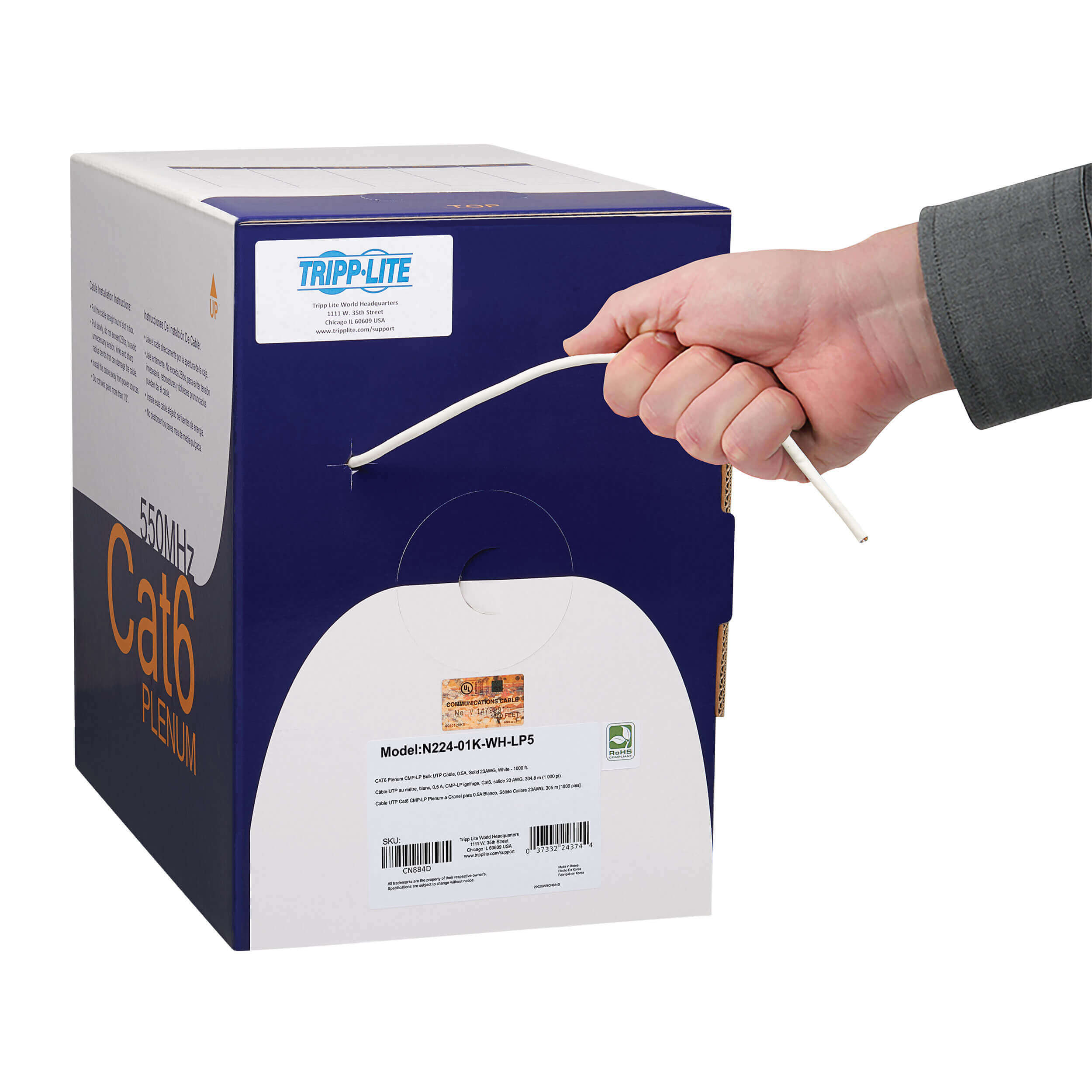 1000 ft White CMP Cat6 Cable, Plenum-Rated, 100W PoE | Eaton