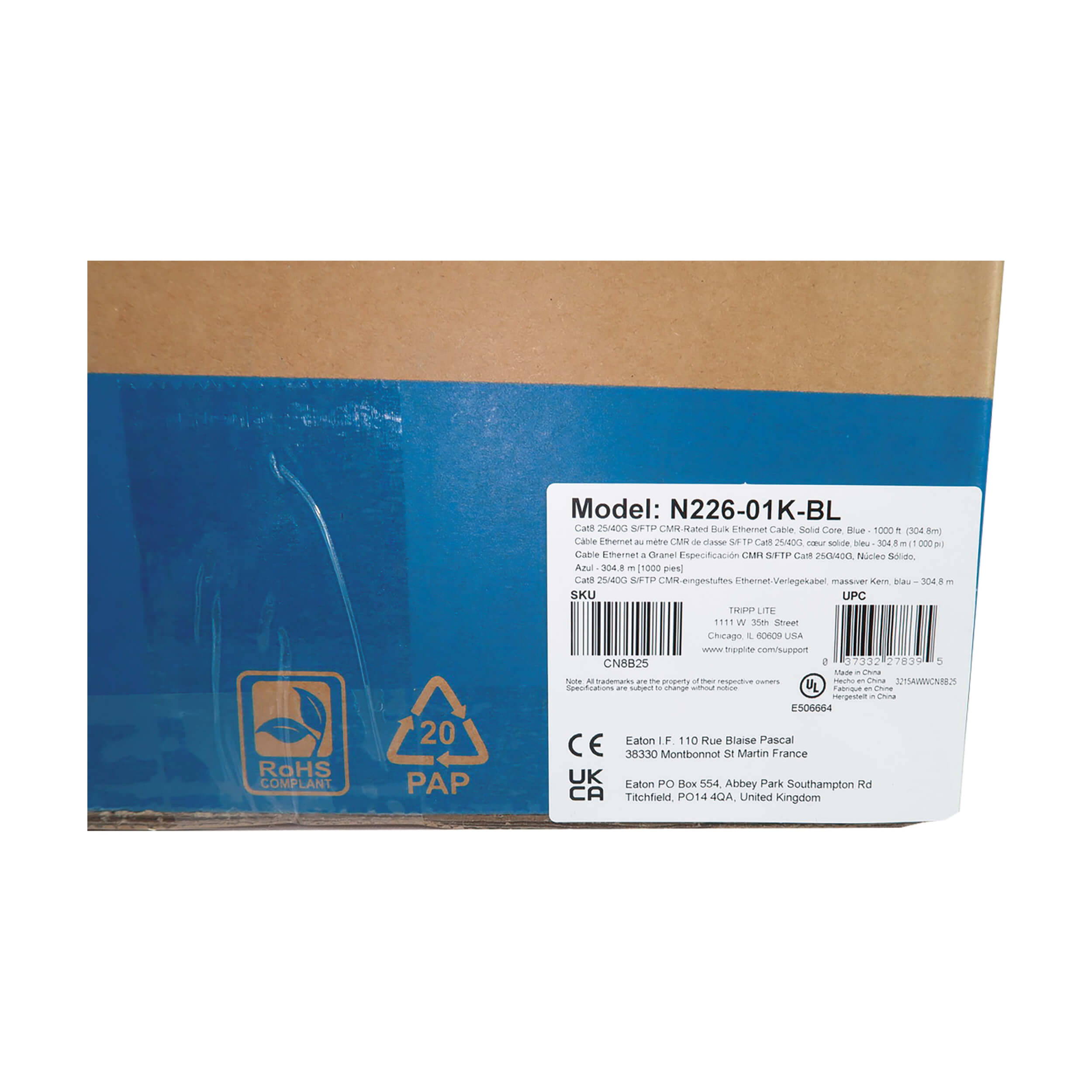 Cat8 25G 40G Bulk SFTP Solid-Core CMR Cable, Blue, 1000-ft | Eaton