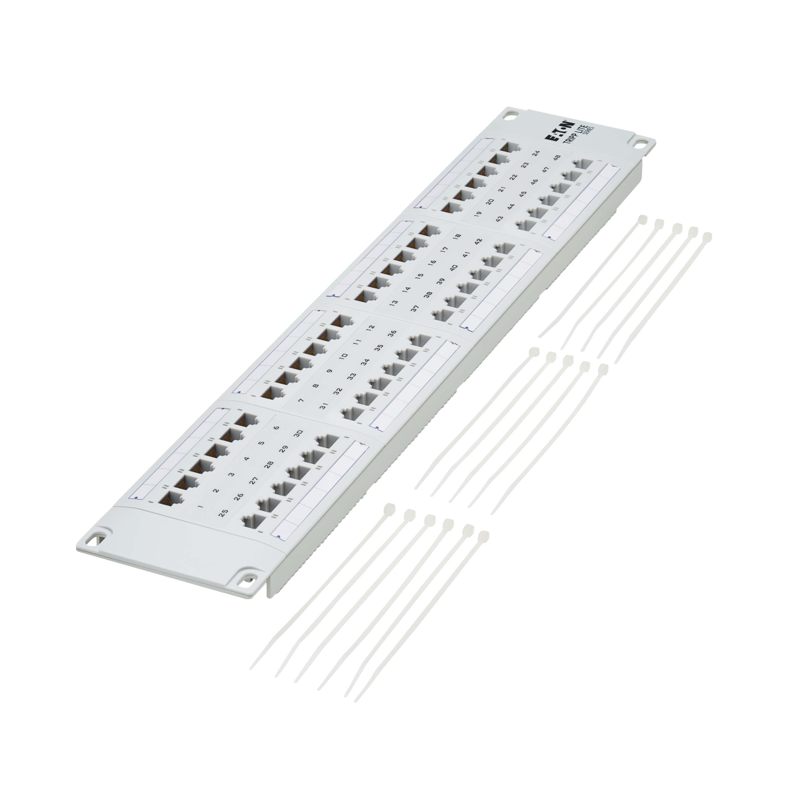 48-Port Cat6 Patch Panel, 4PPoE, 110 Krone, RJ45, 2U, White, TAA | Eaton