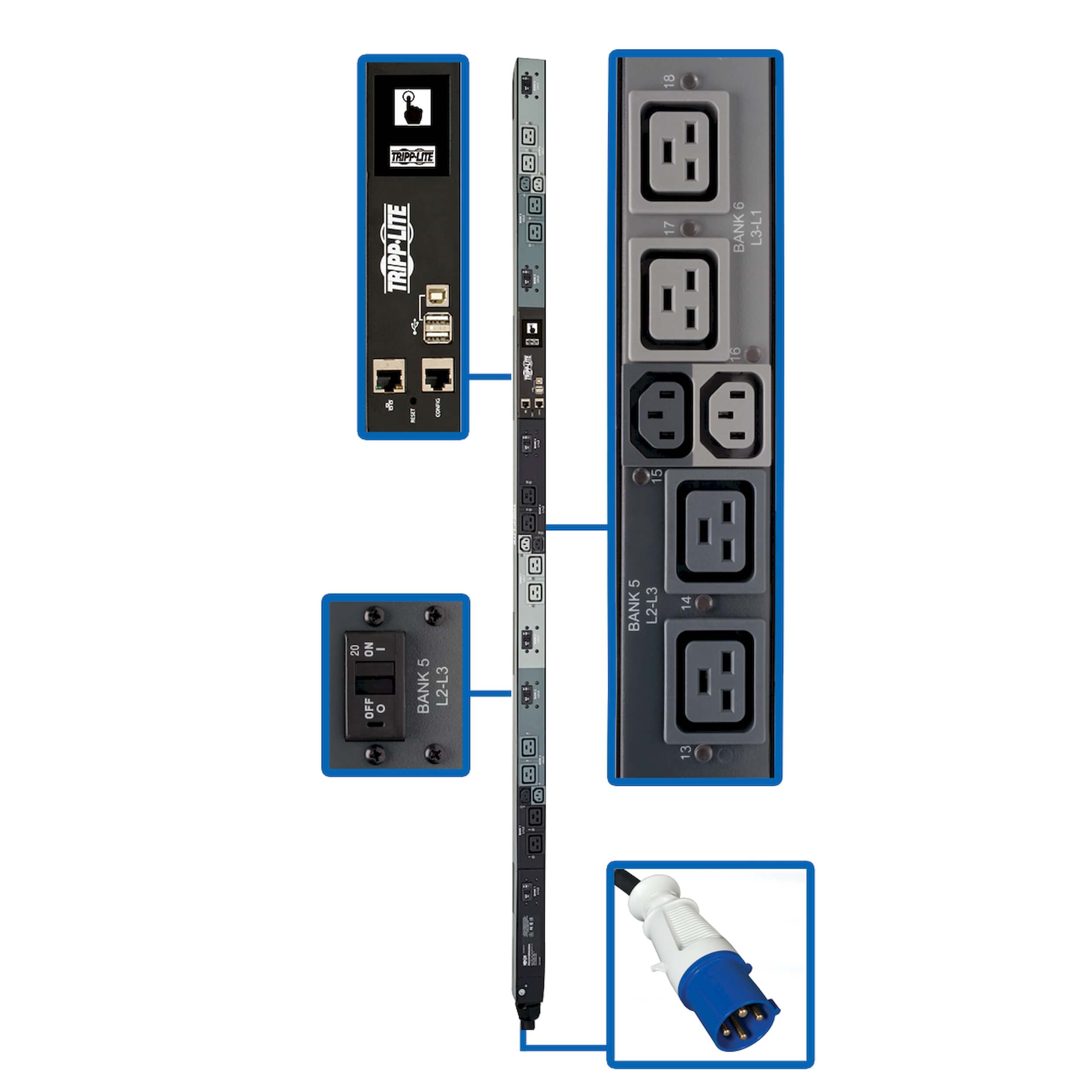 3 Phase Switched PDU - C13, C19, 16.2kW, IEC-309, 6 ft, TAA | Eaton