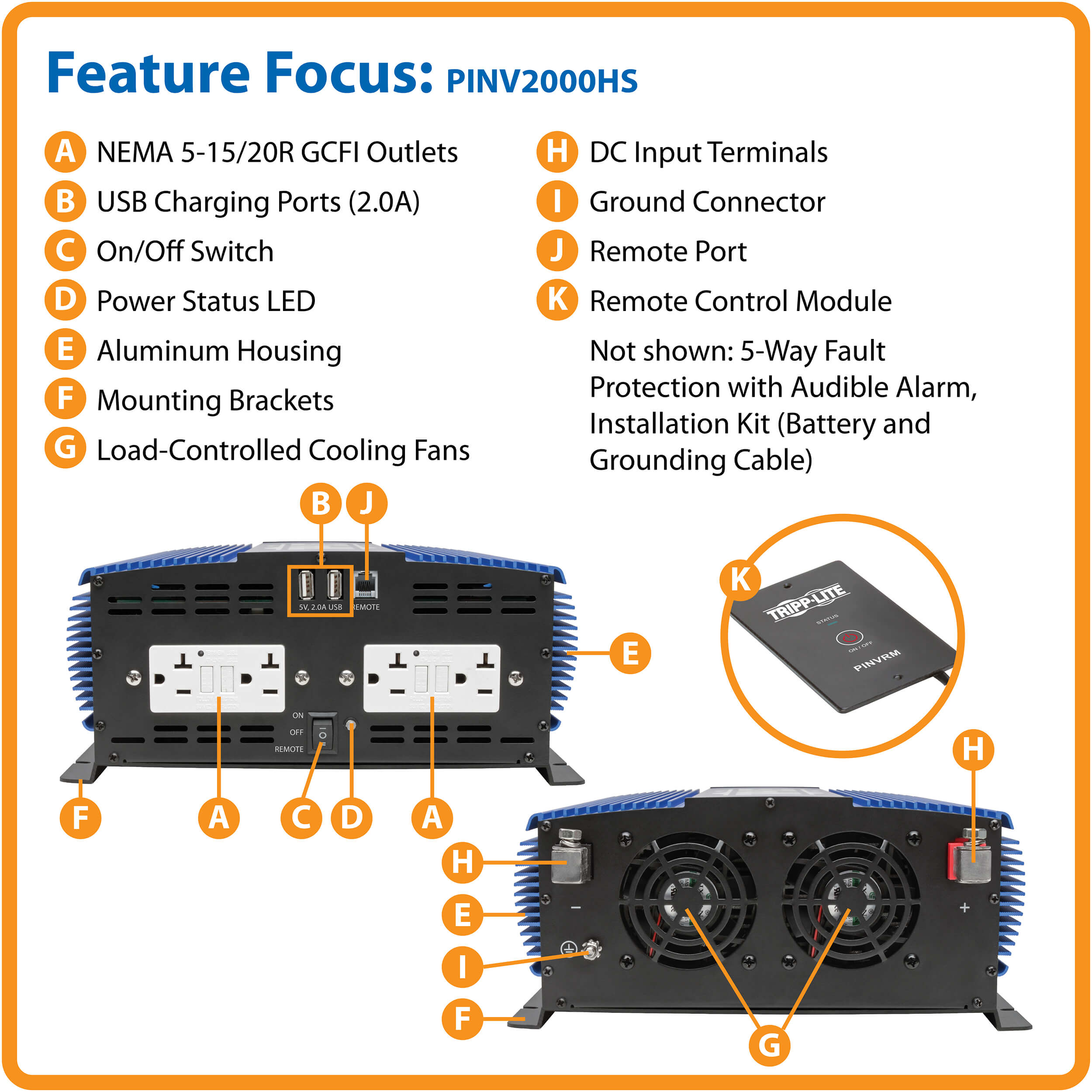 2000W Heavy-Duty Mobile Power Inverter, 4AC/2 USB | Eaton