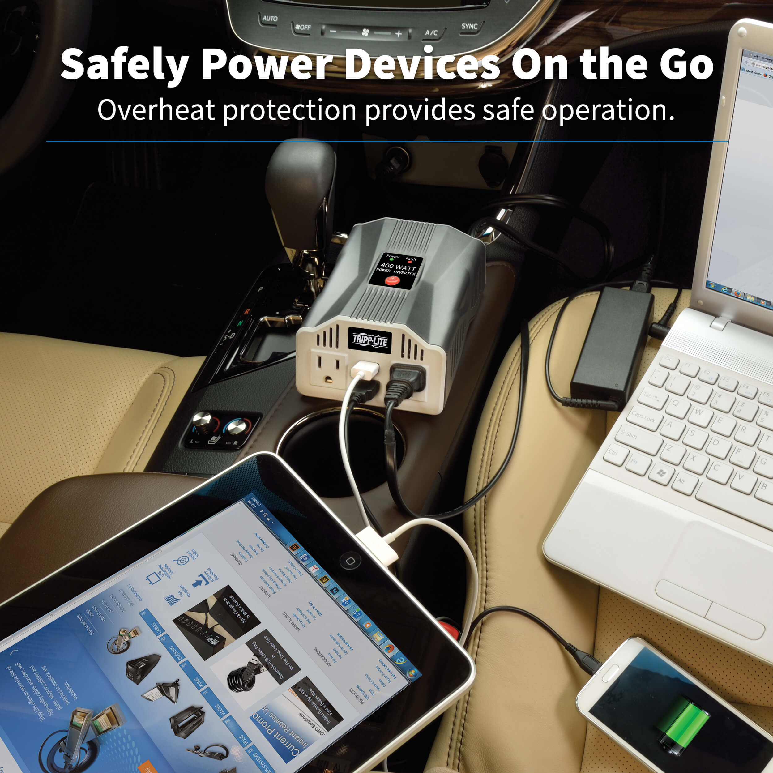 400W Ultra-Compact Car Inverter with 2x AC, 2x USB, 3.1A/Battery Cables ...