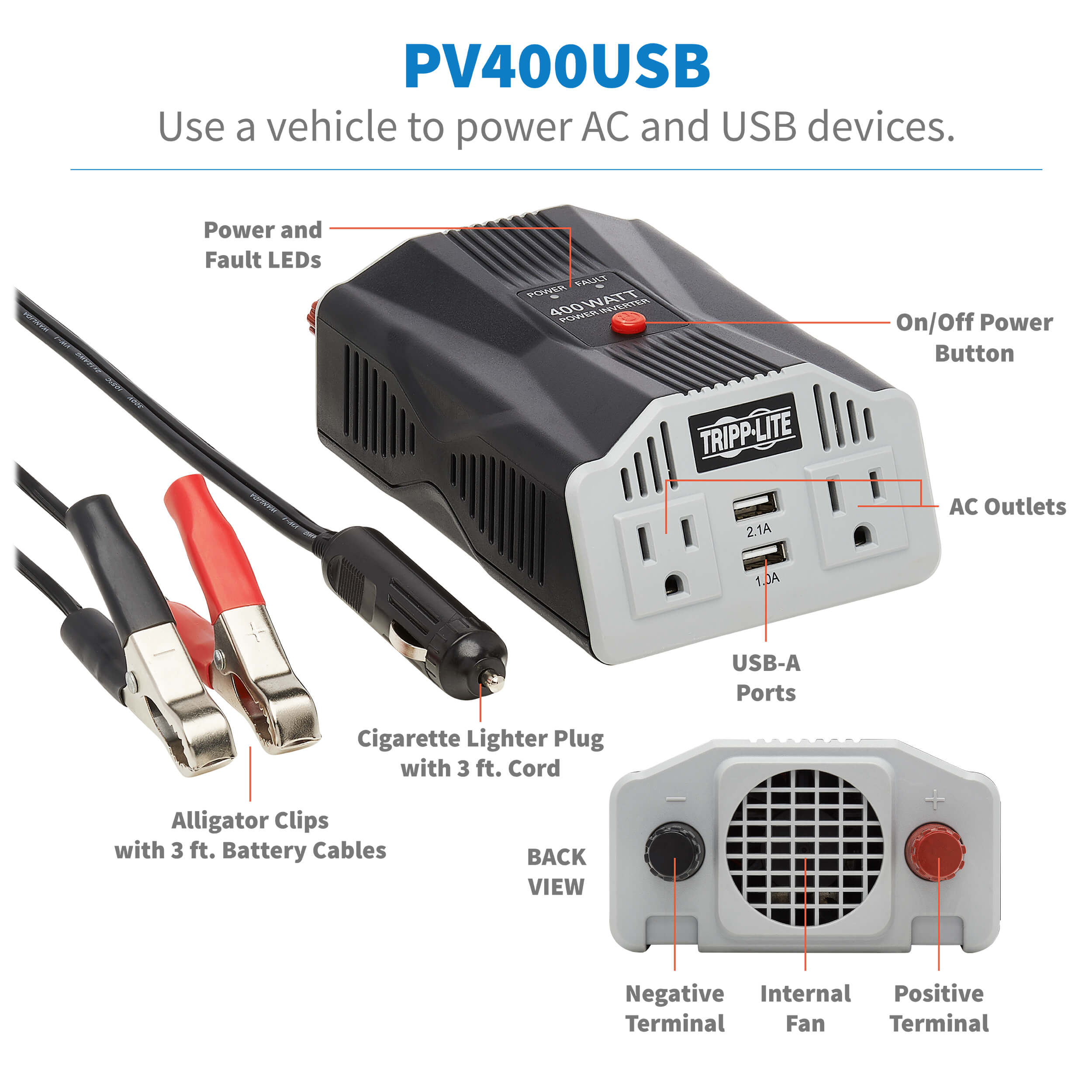 400W Ultra-Compact Car Inverter with 2x AC, 2x USB, 3.1A/Battery Cables ...