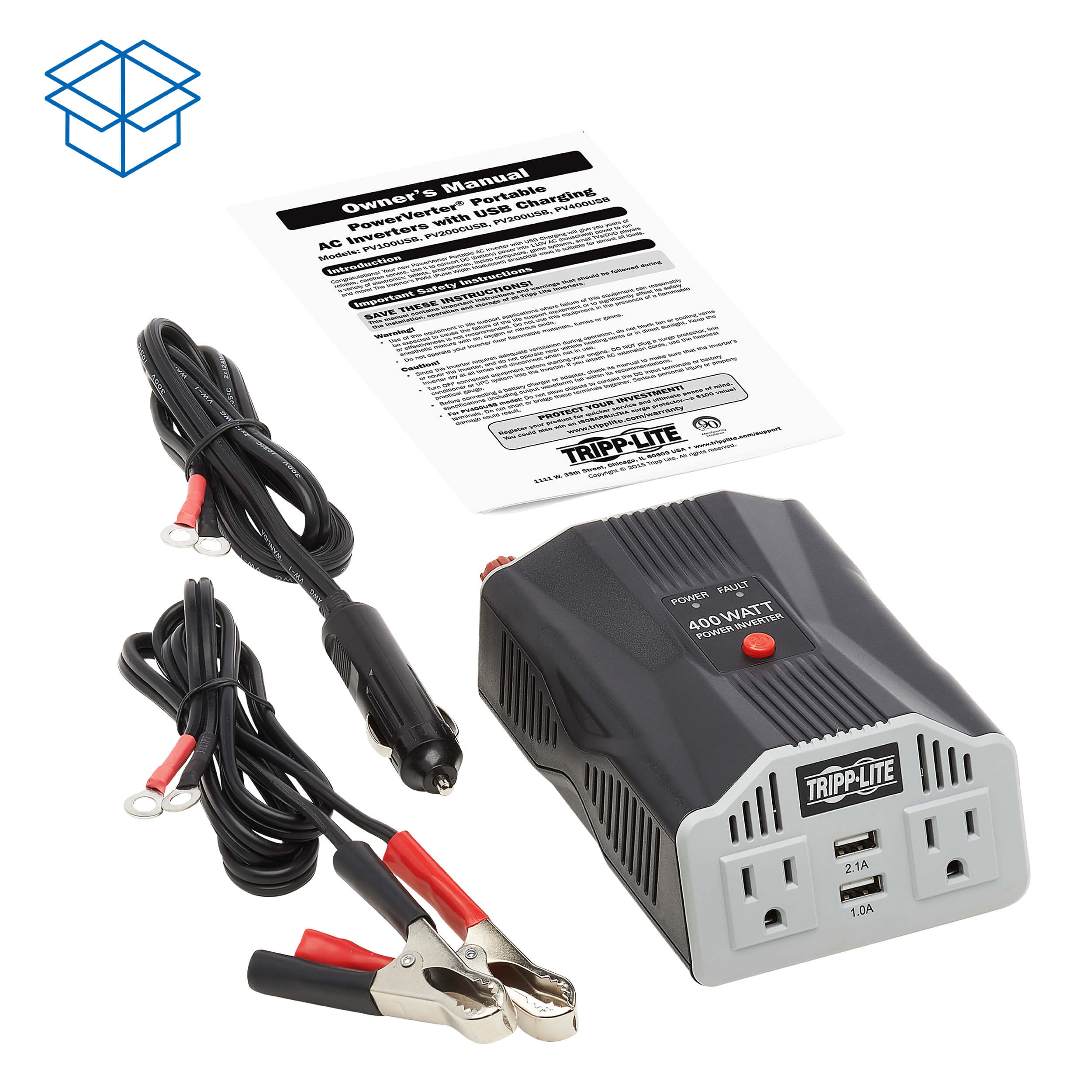 400W Ultra-Compact Car Inverter with 2x AC, 2x USB, 3.1A/Battery Cables ...
