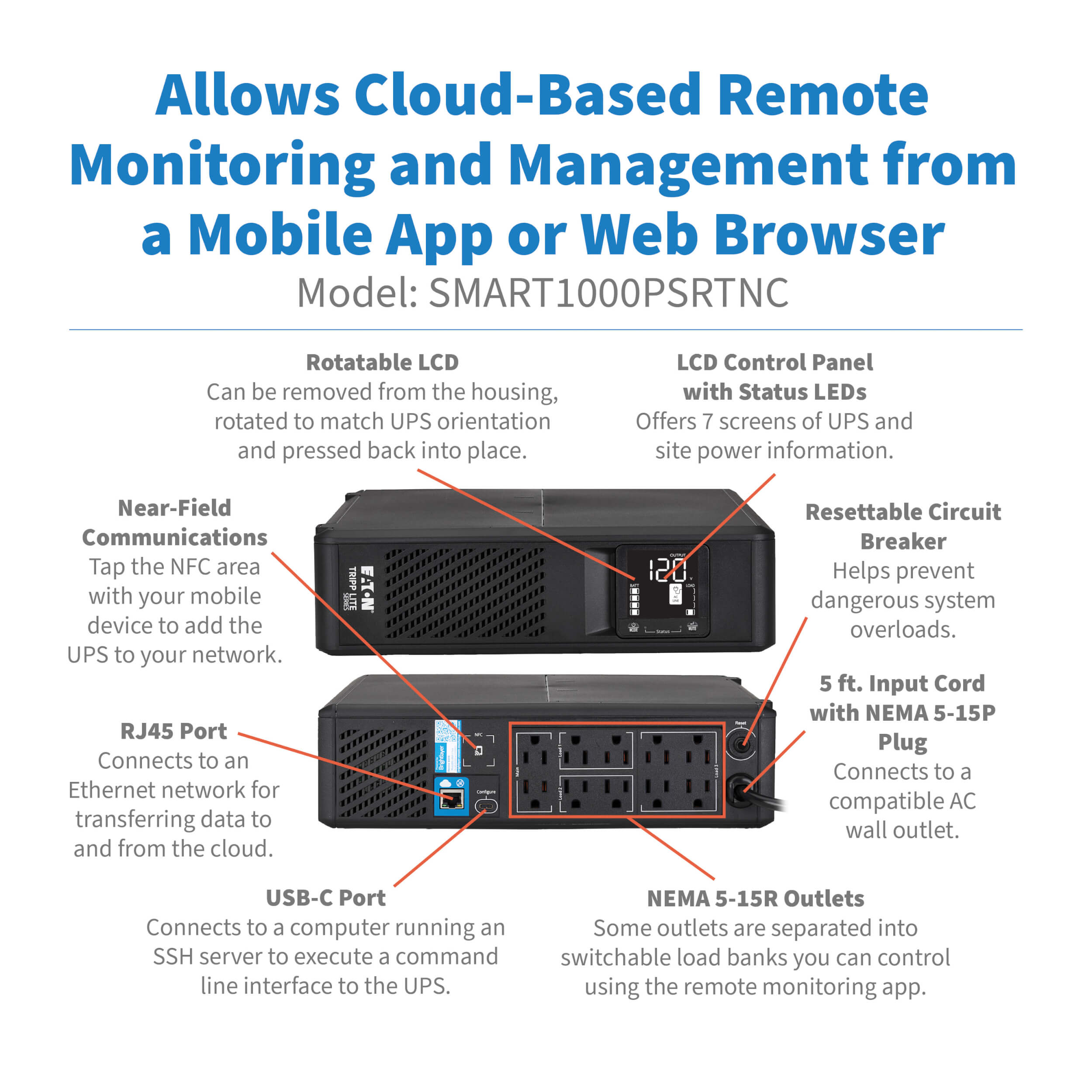 Line-Interactive Cloud-Connected UPS, 120V, 1500VA 700W, 10 Outlets | Eaton