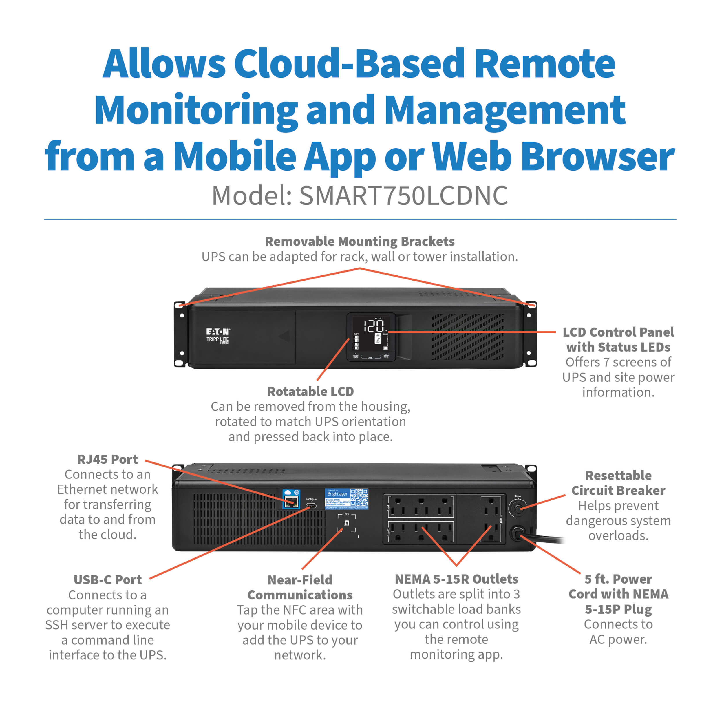 Eaton Tripp Lite series Smart LCD UPS, 750VA Line Interactive, Rack/Tower, 2U, 8 Outlets, RJ45 ...
