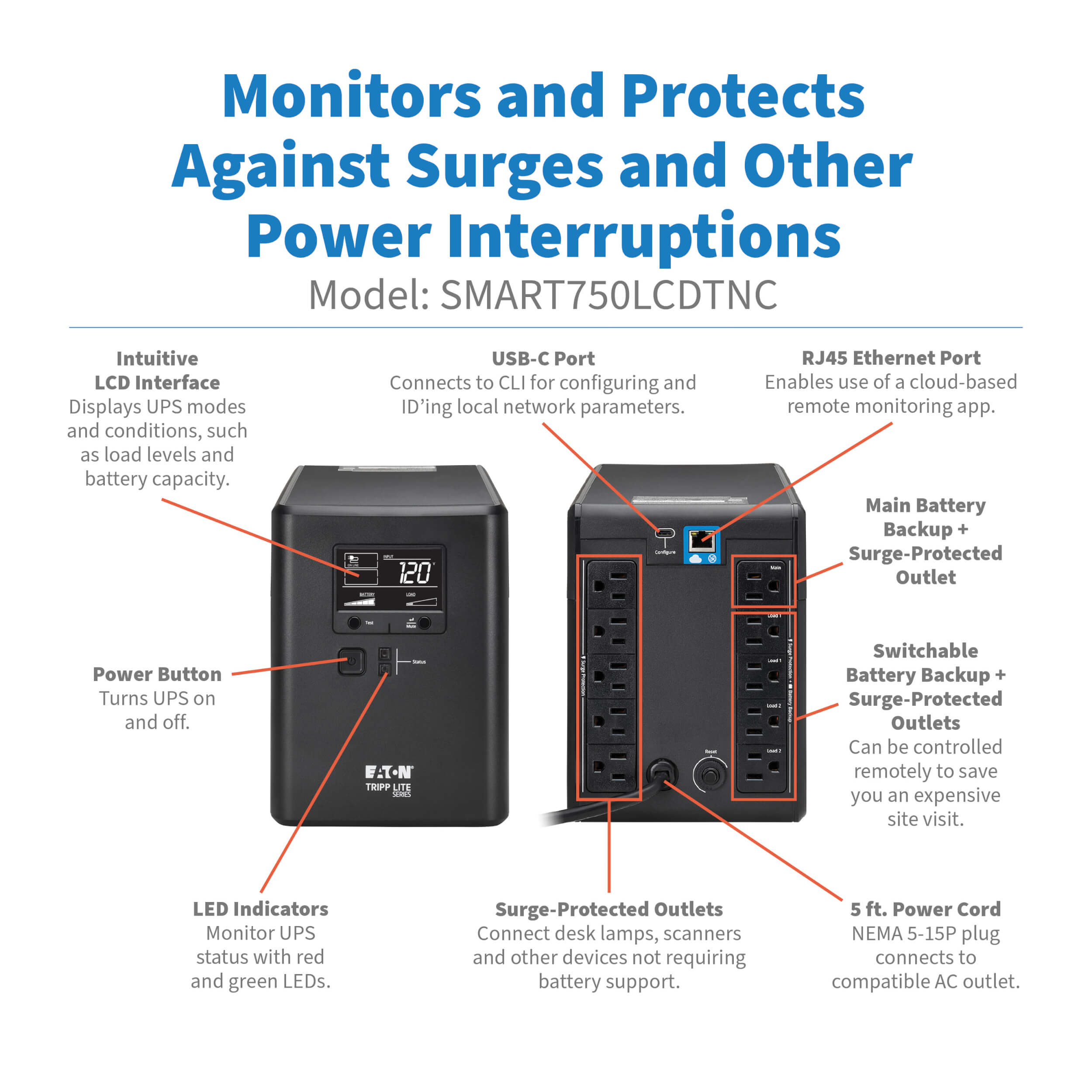 Line-Interactive Cloud-Connected UPS, 120V, 750VA 500W, 10 Outlets | Eaton