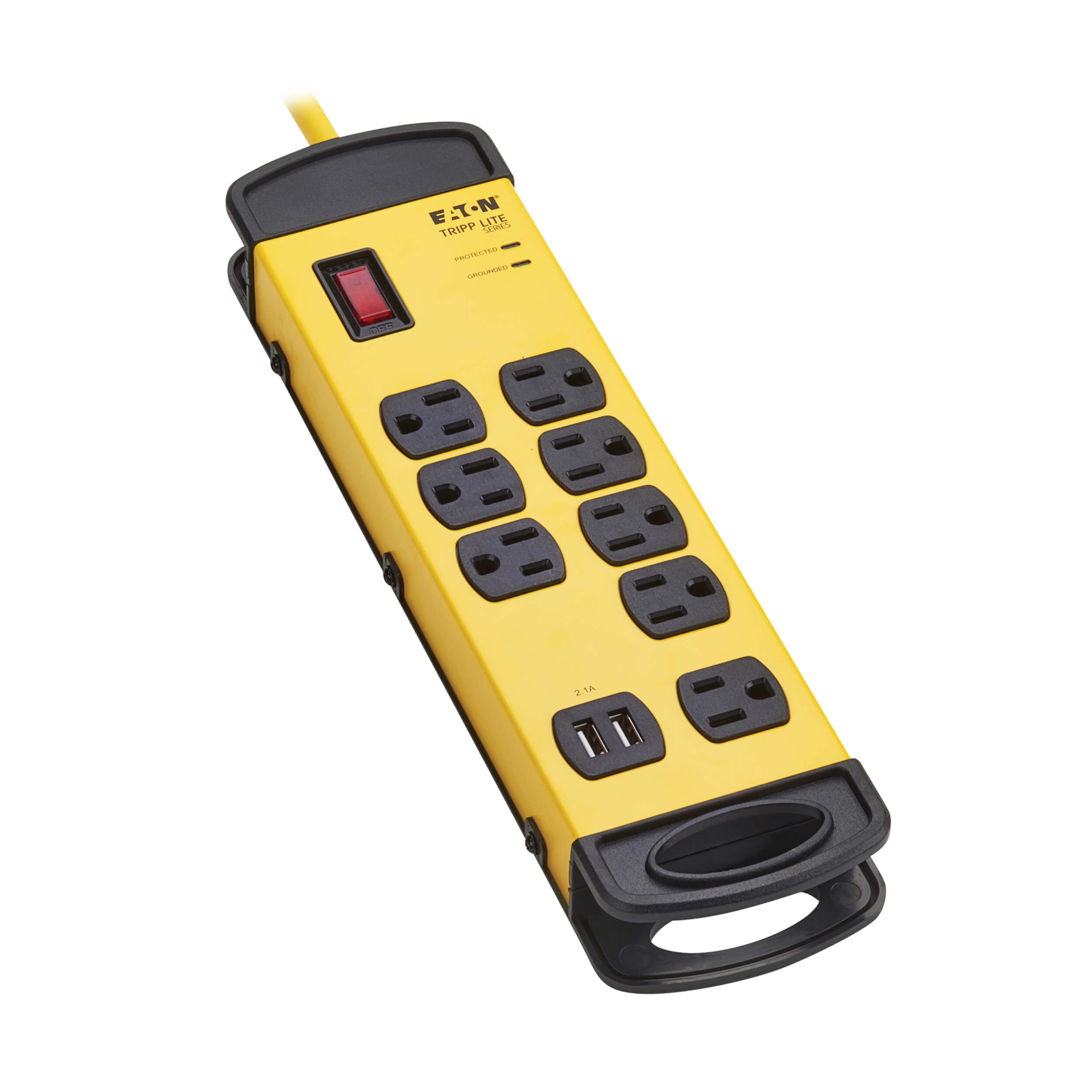 Safety Surge Protector, 8 Outlet, Hang Holes, 25ft Cord, 2 USB-A | Eaton