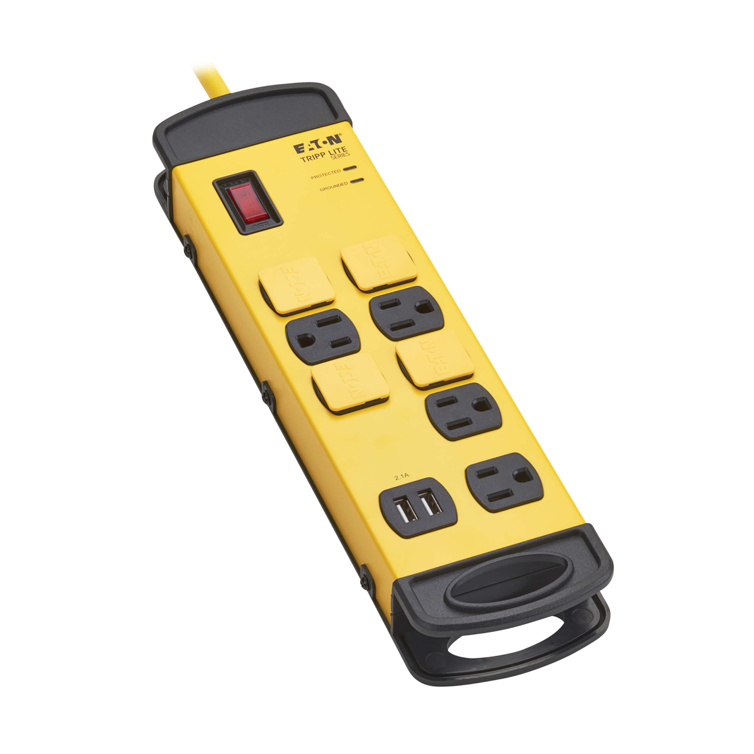 Safety Surge Protector, 8 Outlet, Hang Holes, 25ft Cord, 2 USB-A | Eaton