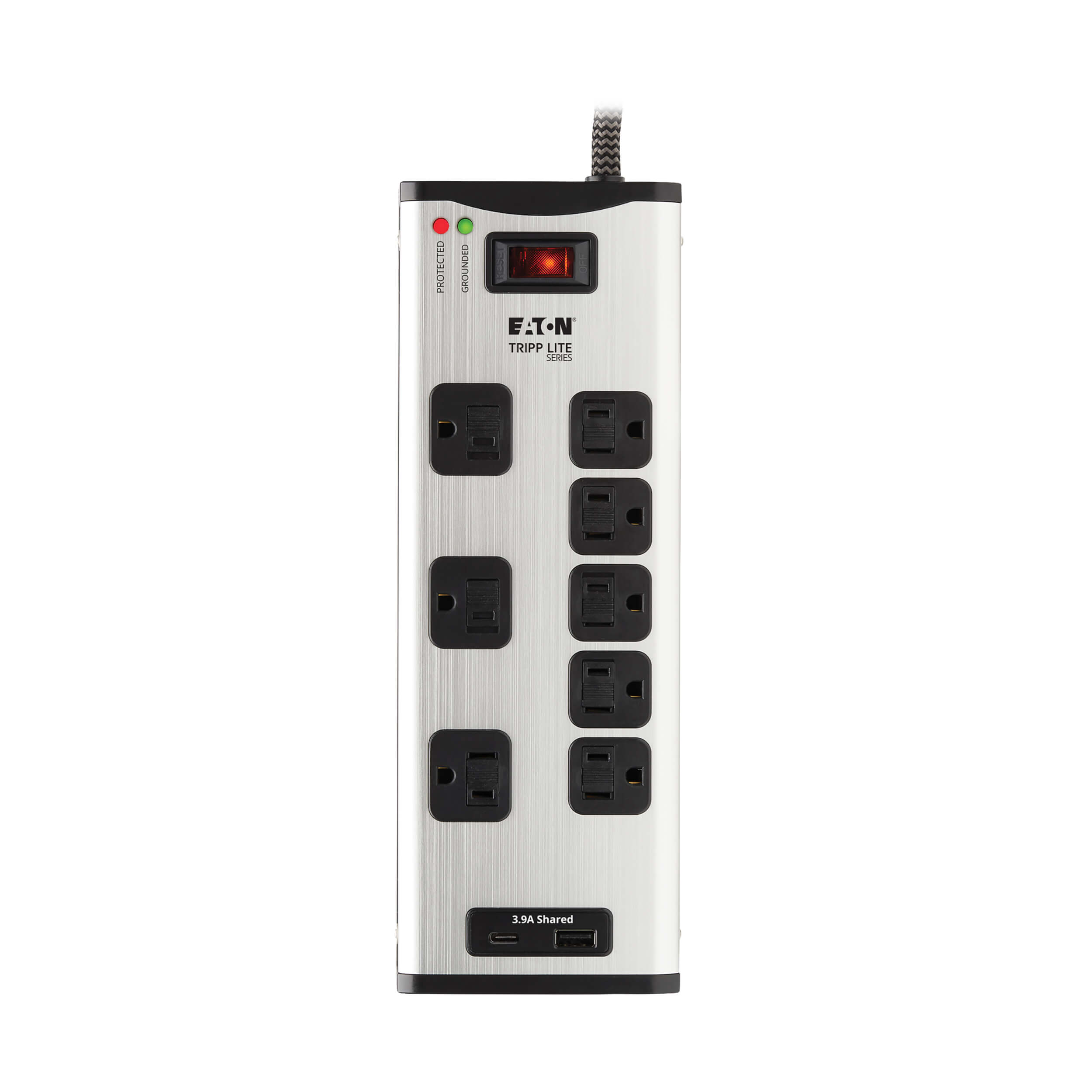 8 Outlet Surge Protector, 2 USB Ports, 8-ft Cord, Metal | Eaton