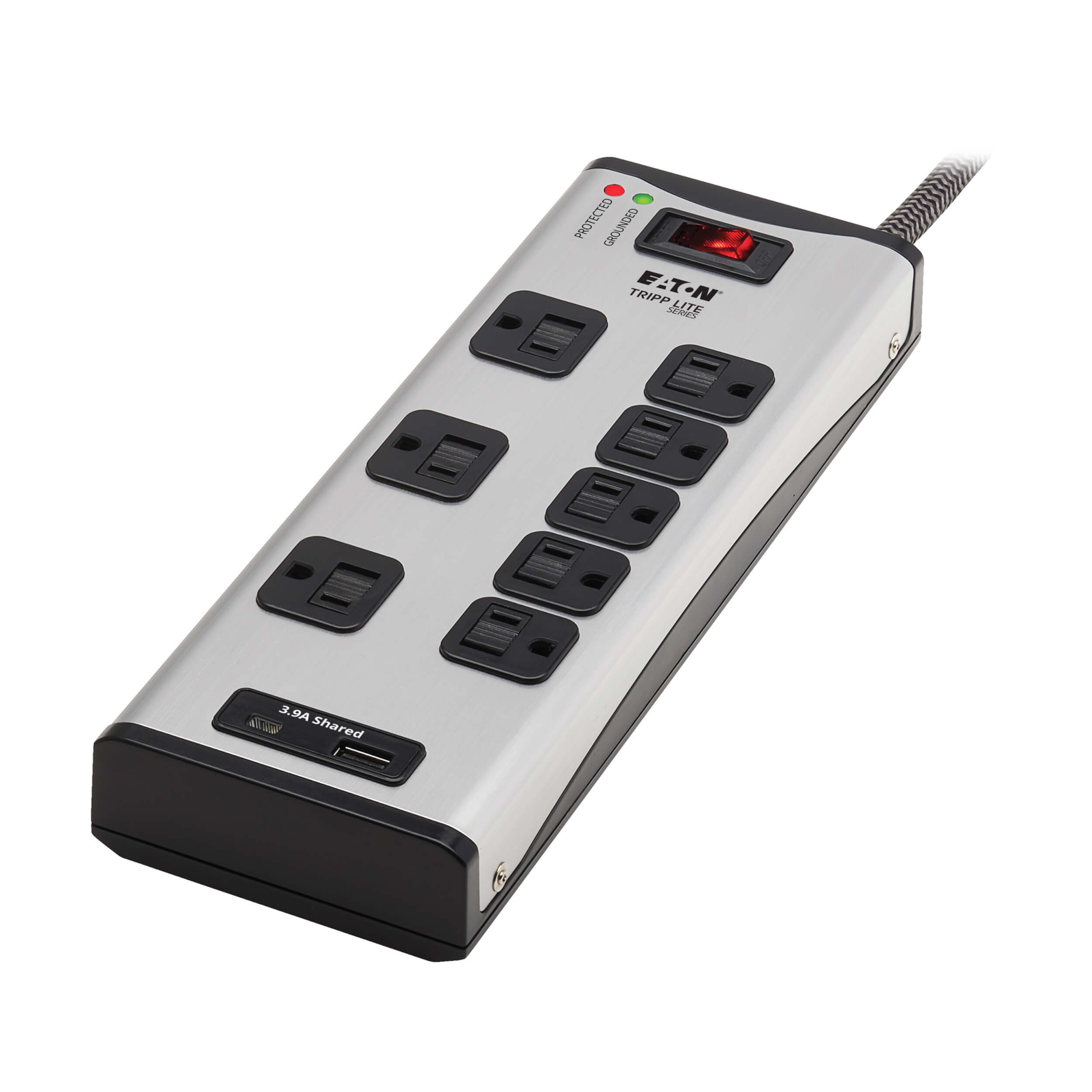 8 Outlet Surge Protector, 2 USB Ports, 8-ft Cord, Metal | Eaton