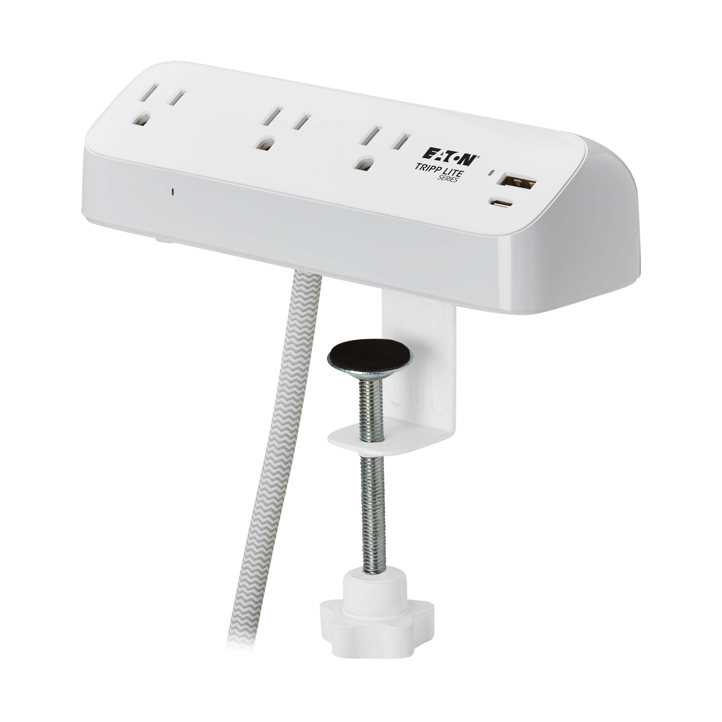 Desk Clamp Surge Protector, 3 Outlet, 2 USB Ports, 8ft Cord, White | Eaton