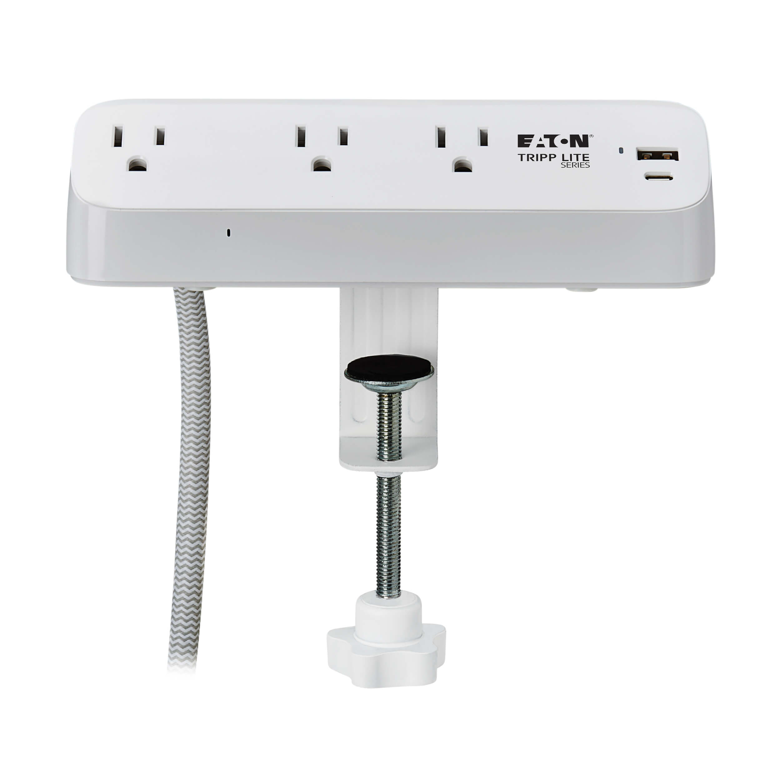 Desk Clamp Surge Protector, 3 Outlet, 2 USB Ports, 8ft Cord, White | Eaton