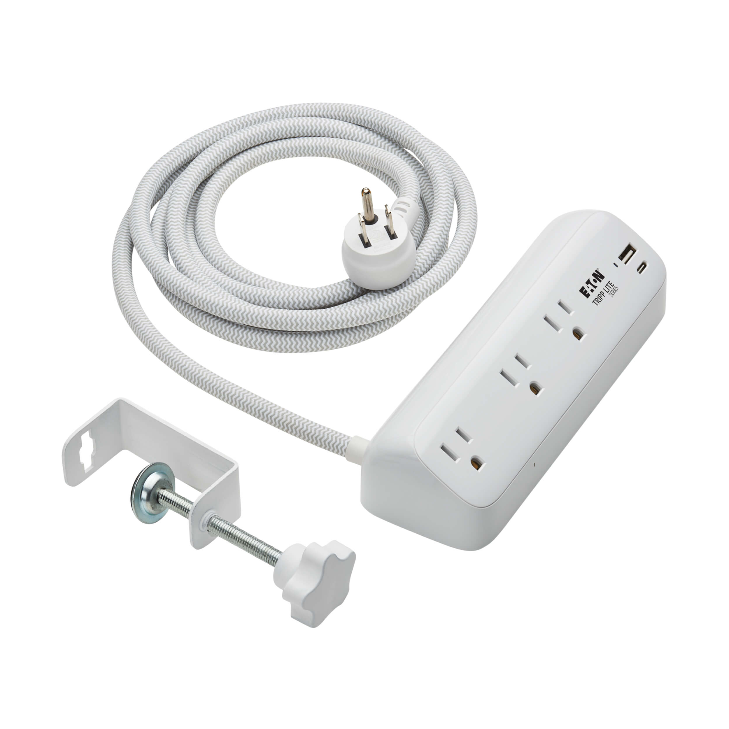 Desk Clamp Surge Protector, 3 Outlet, 2 USB Ports, 8ft Cord, White | Eaton