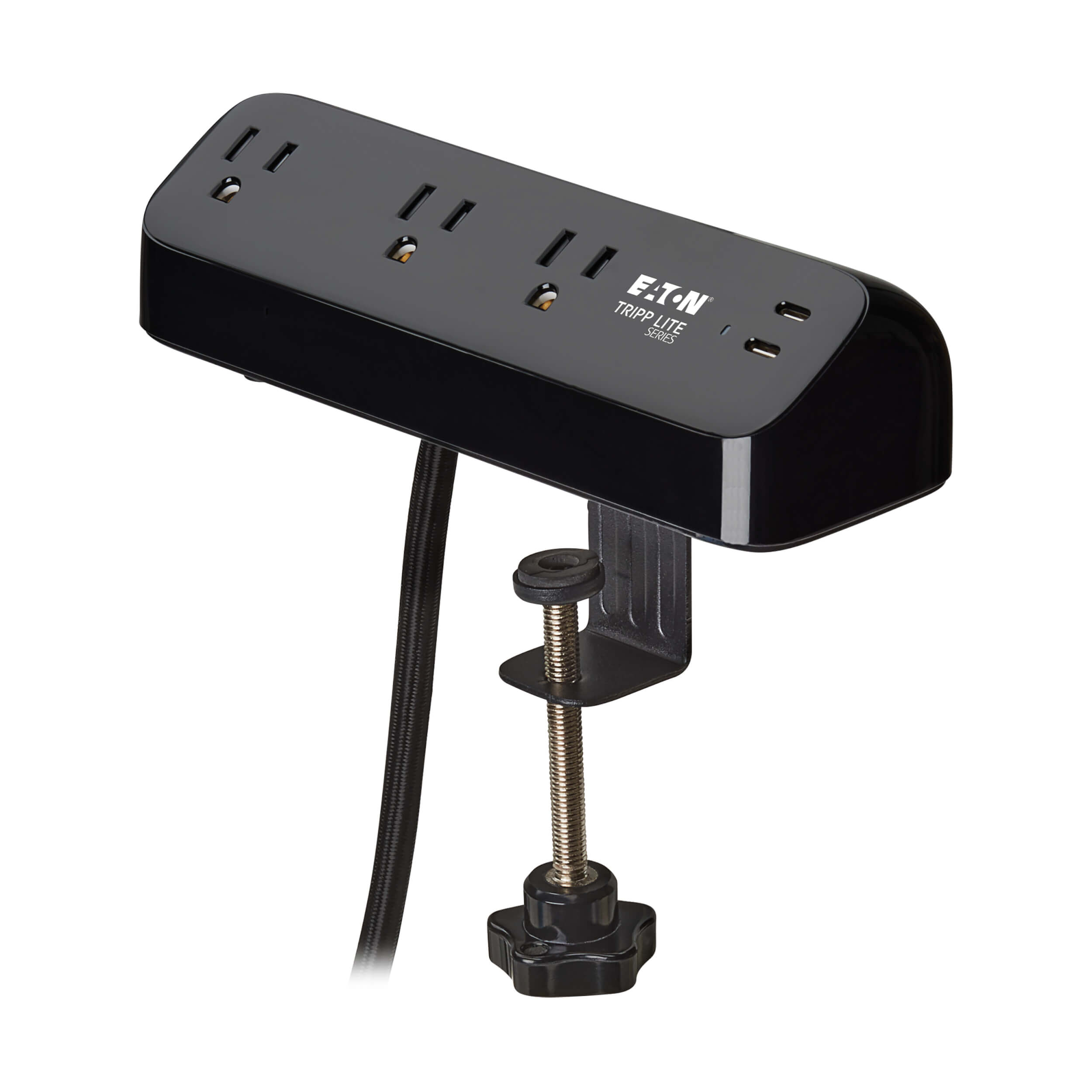 Desk Clamp Surge Protector, 3 Outlet, 2 USB Ports, 10ft Cord, Black | Eaton