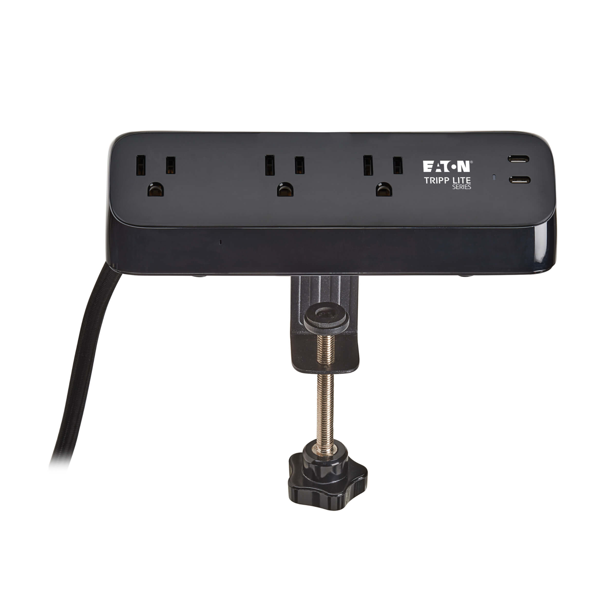 Desk Clamp Surge Protector, 3 Outlet, 2 USB Ports, 10ft Cord, Black | Eaton