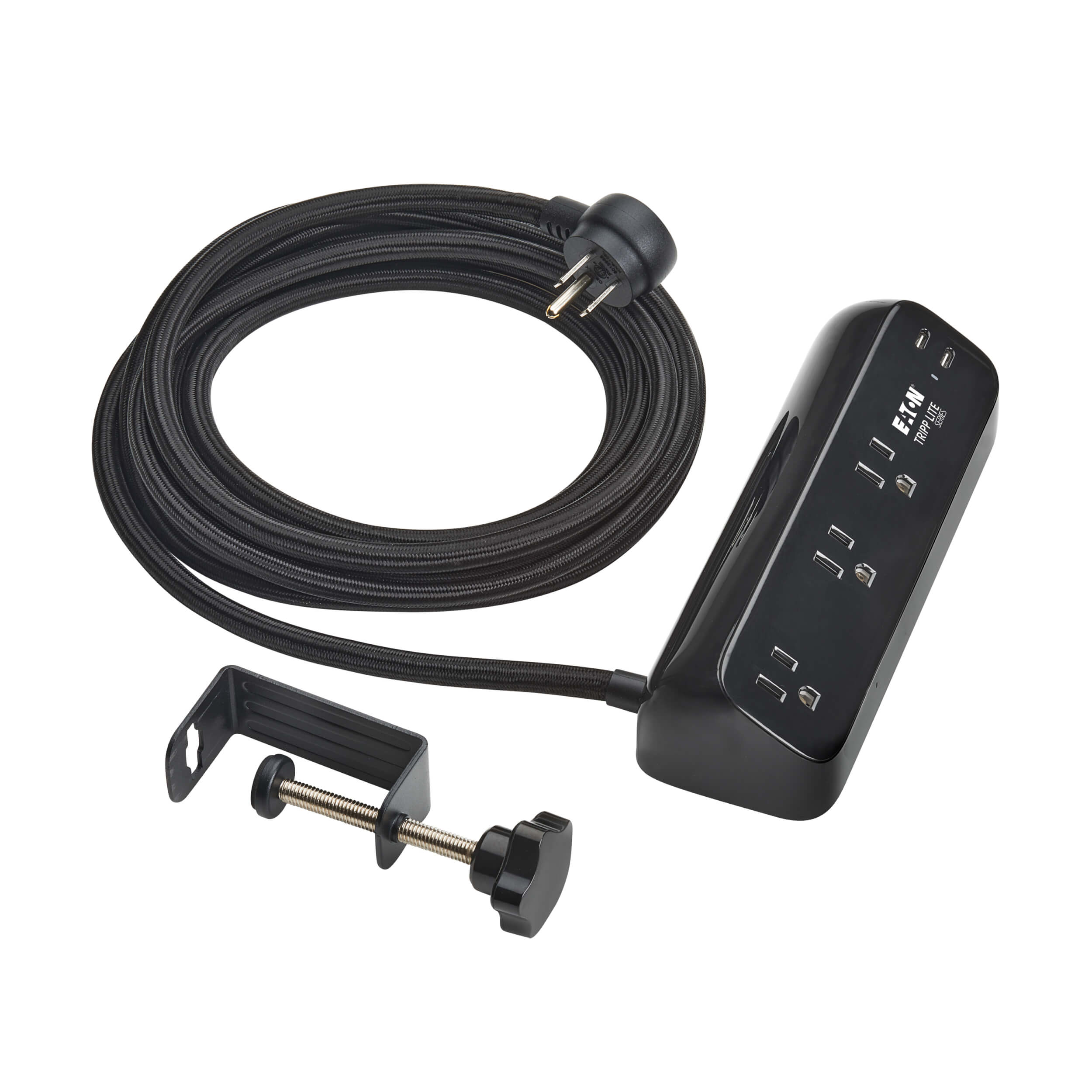 Desk Clamp Surge Protector, 3 Outlet, 2 USB Ports, 10ft Cord, Black | Eaton