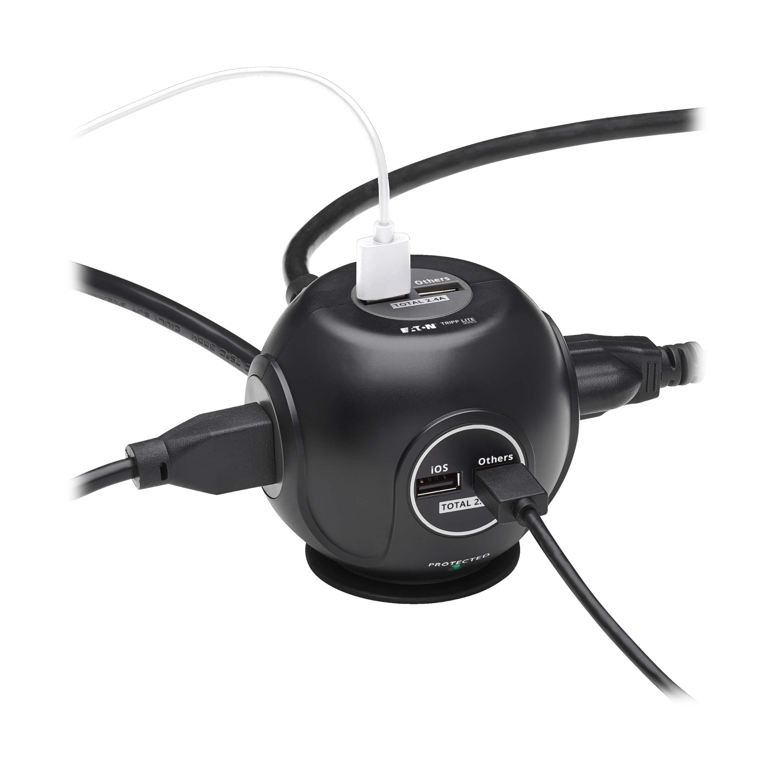 Spherical Surge Protector, 3 Outlets, 4 USB-A Charging Ports | Eaton