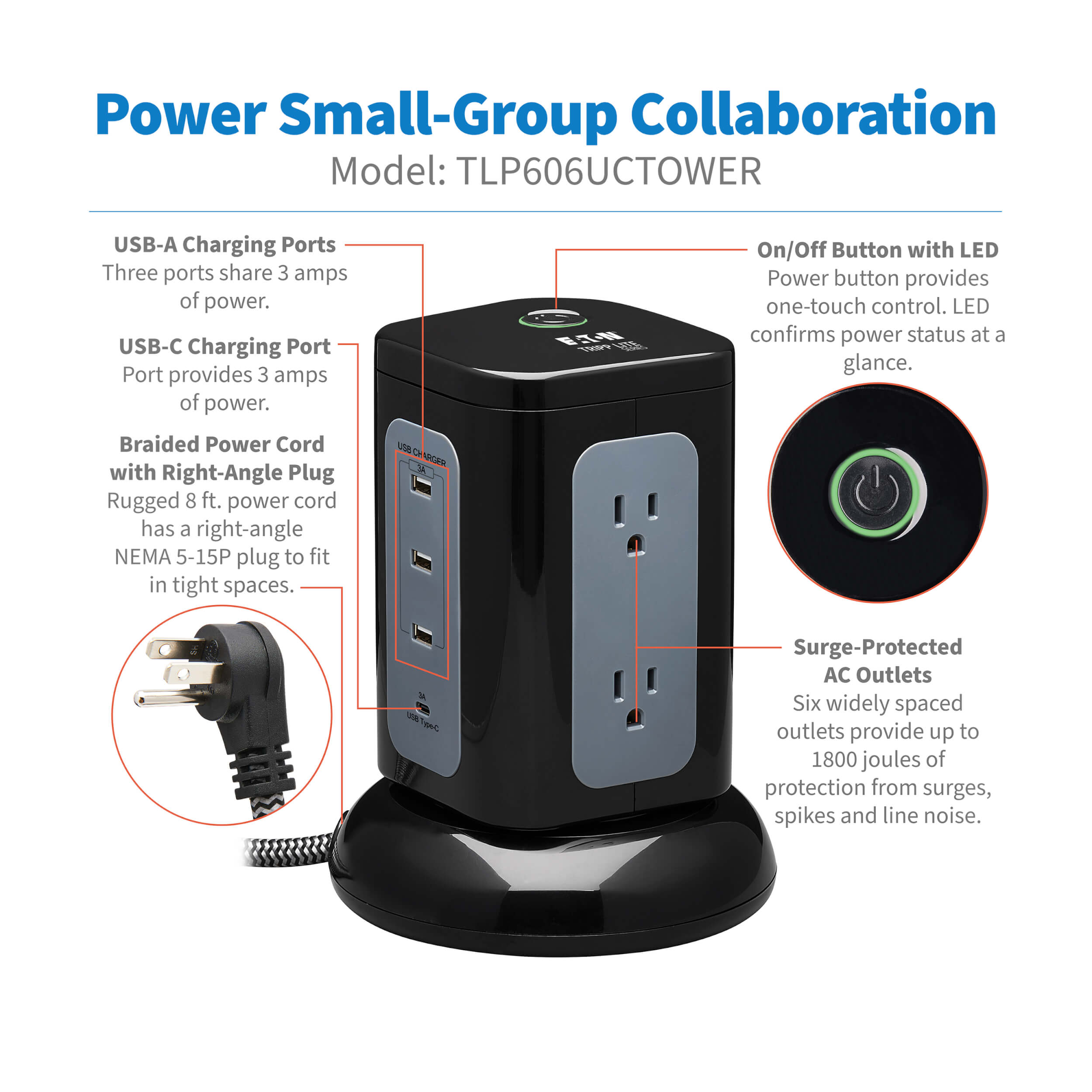 Tower Surge Protector, 6 Outlet, 4 USB Ports, 8-ft Cord | Eaton