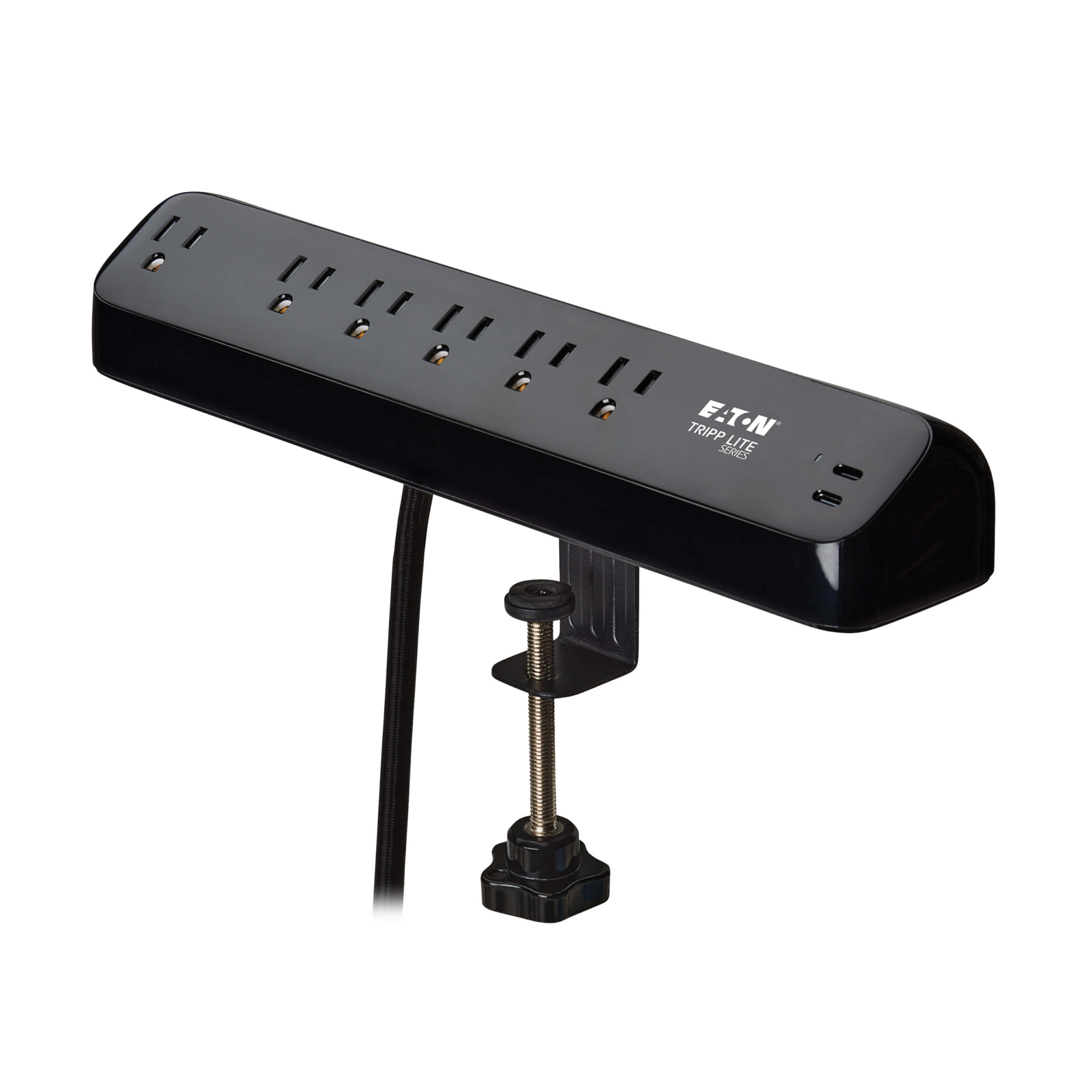 Desk Clamp Surge Protector, 6 Outlet, 2 USB Ports, 10ft Cord, Black | Eaton