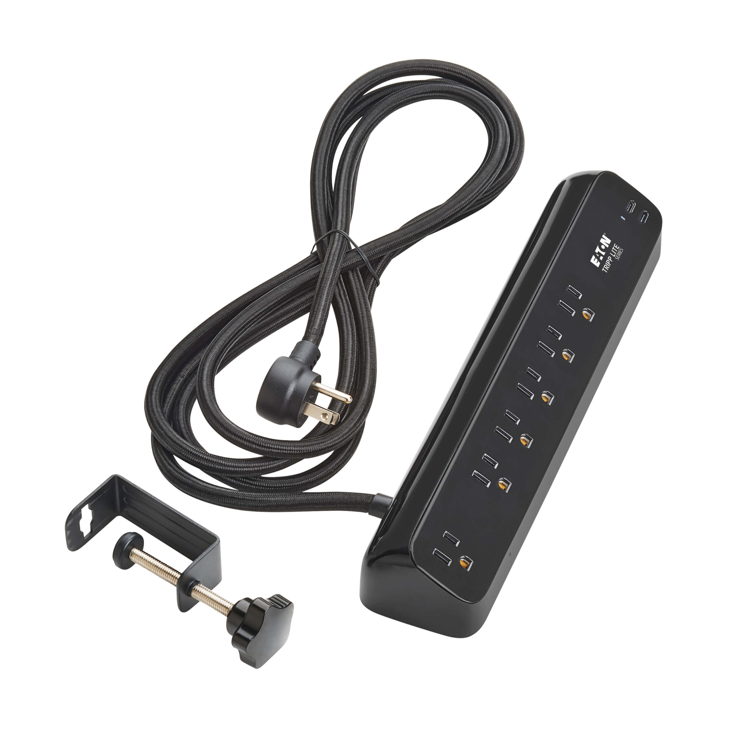 Desk Clamp Surge Protector, 6 Outlet, 2 USB Ports, 10ft Cord, Black | Eaton