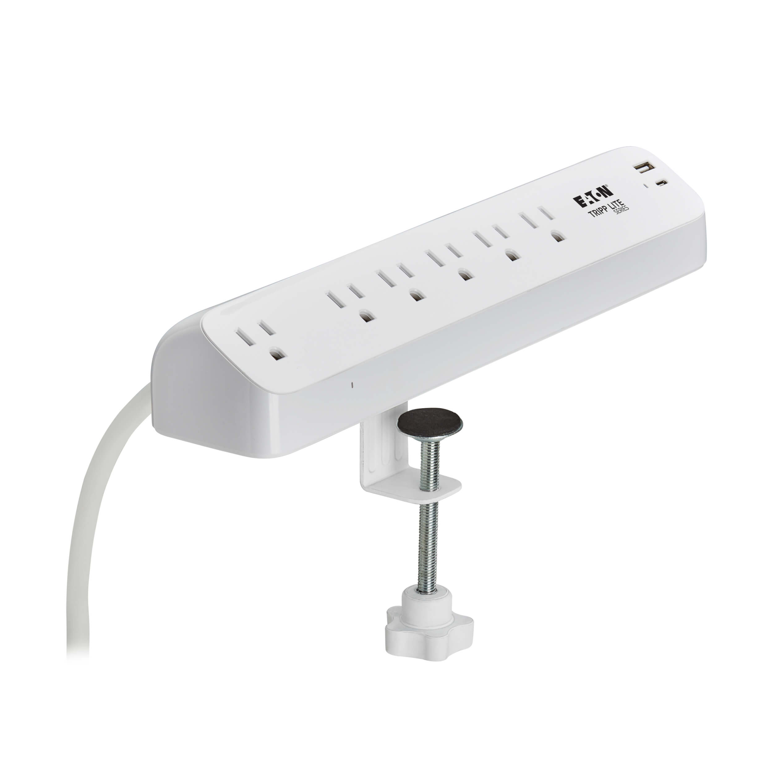 Desk Clamp Surge Protector, 6 Outlet, 2 USB Ports, 6ft Cord, White | Eaton