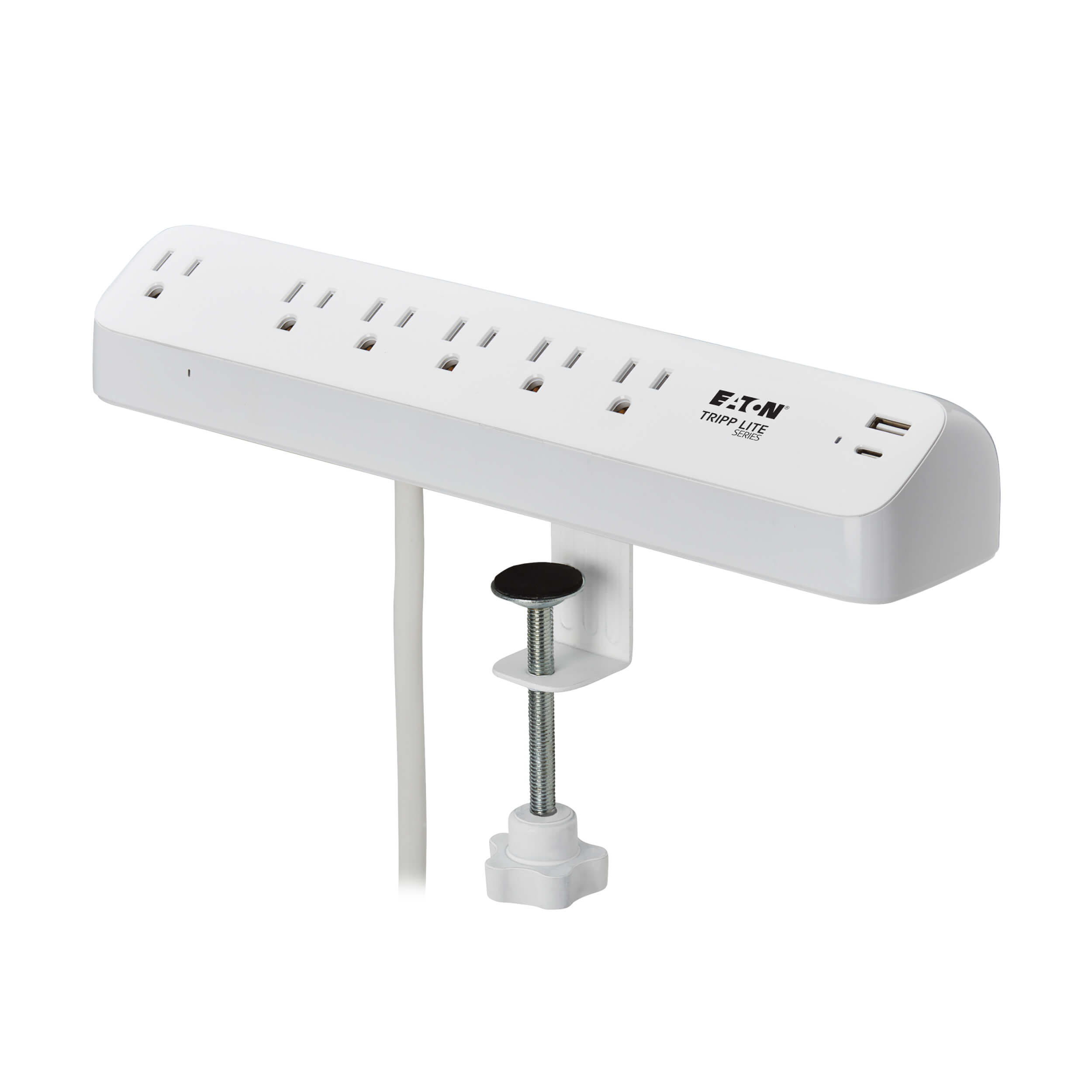 Desk Clamp Surge Protector, 6 Outlet, 2 USB Ports, 6ft Cord, White | Eaton
