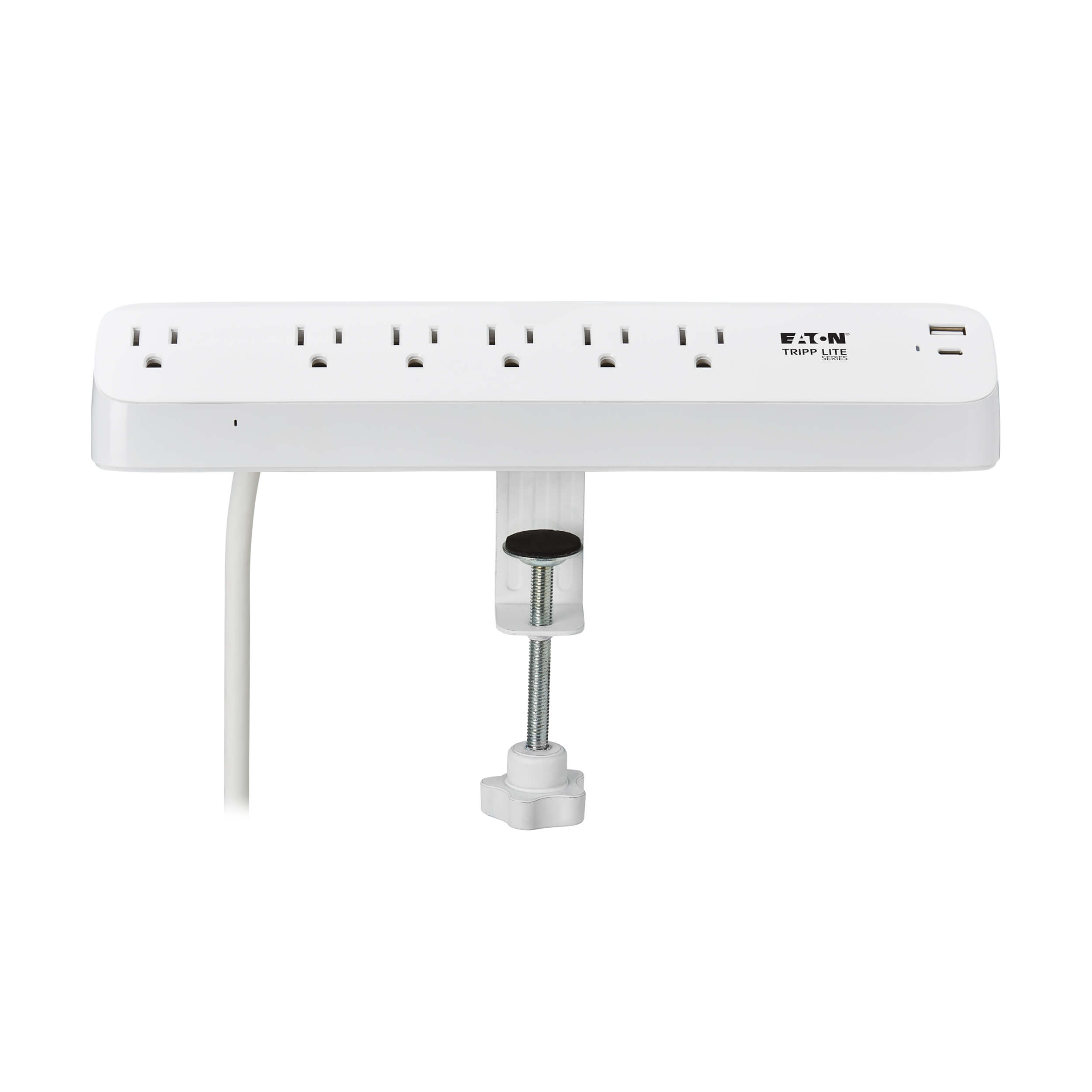 Desk Clamp Surge Protector, 6 Outlet, 2 USB Ports, 6ft Cord, White | Eaton