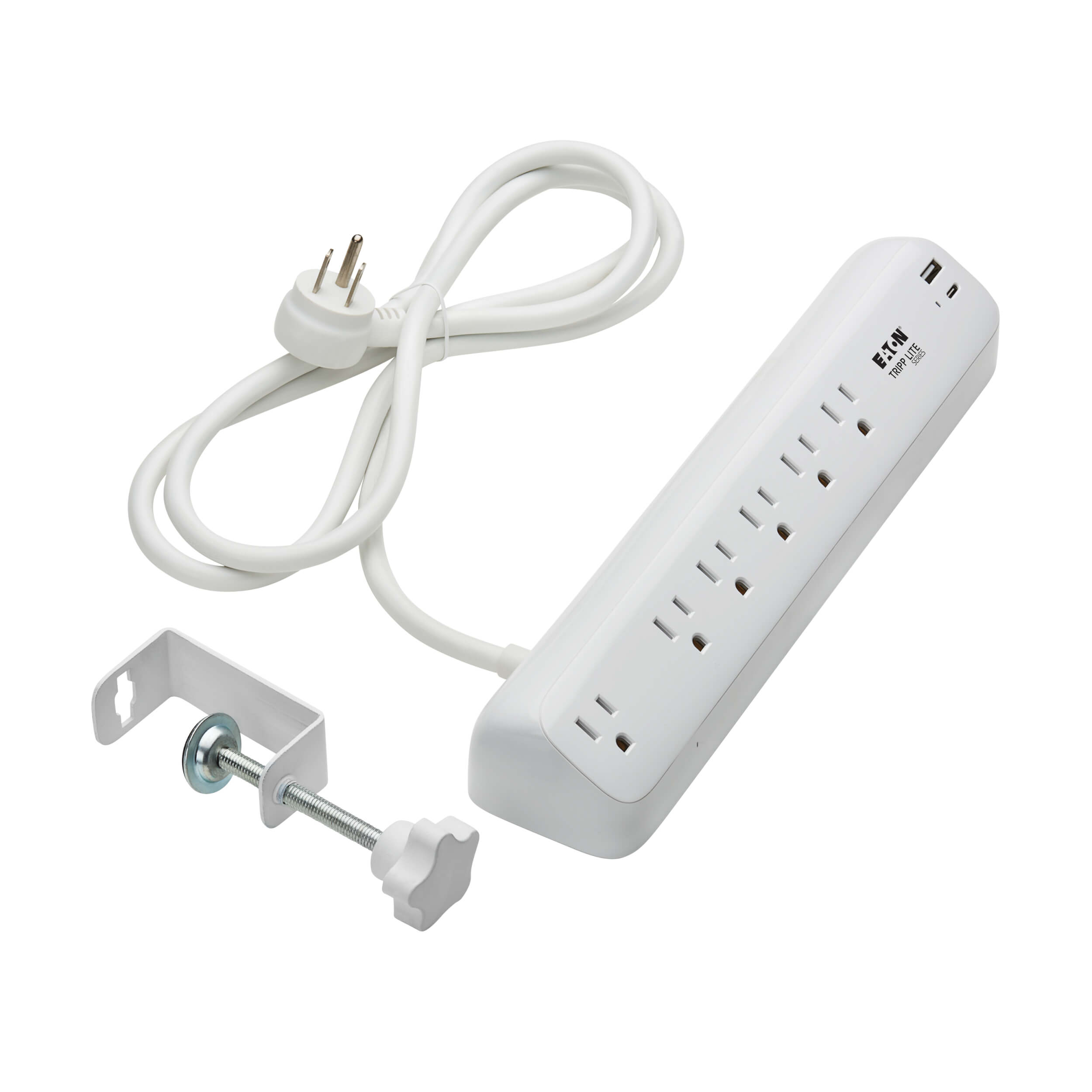 Desk Clamp Surge Protector, 6 Outlet, 2 USB Ports, 6ft Cord, White | Eaton