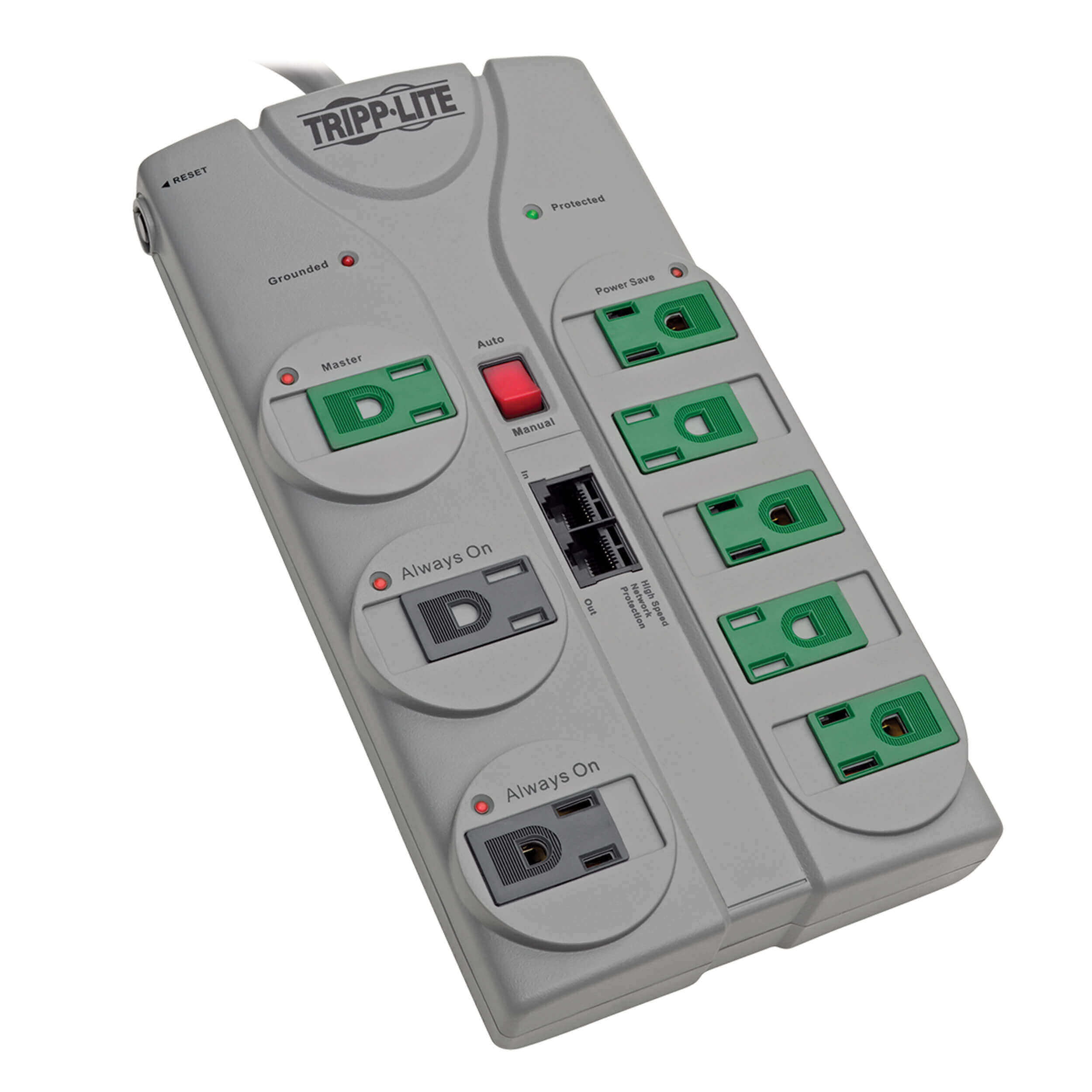 Eco-Surge Protector, 8 Outlet, 8-ft Cord, Diagnostic LEDs | Eaton