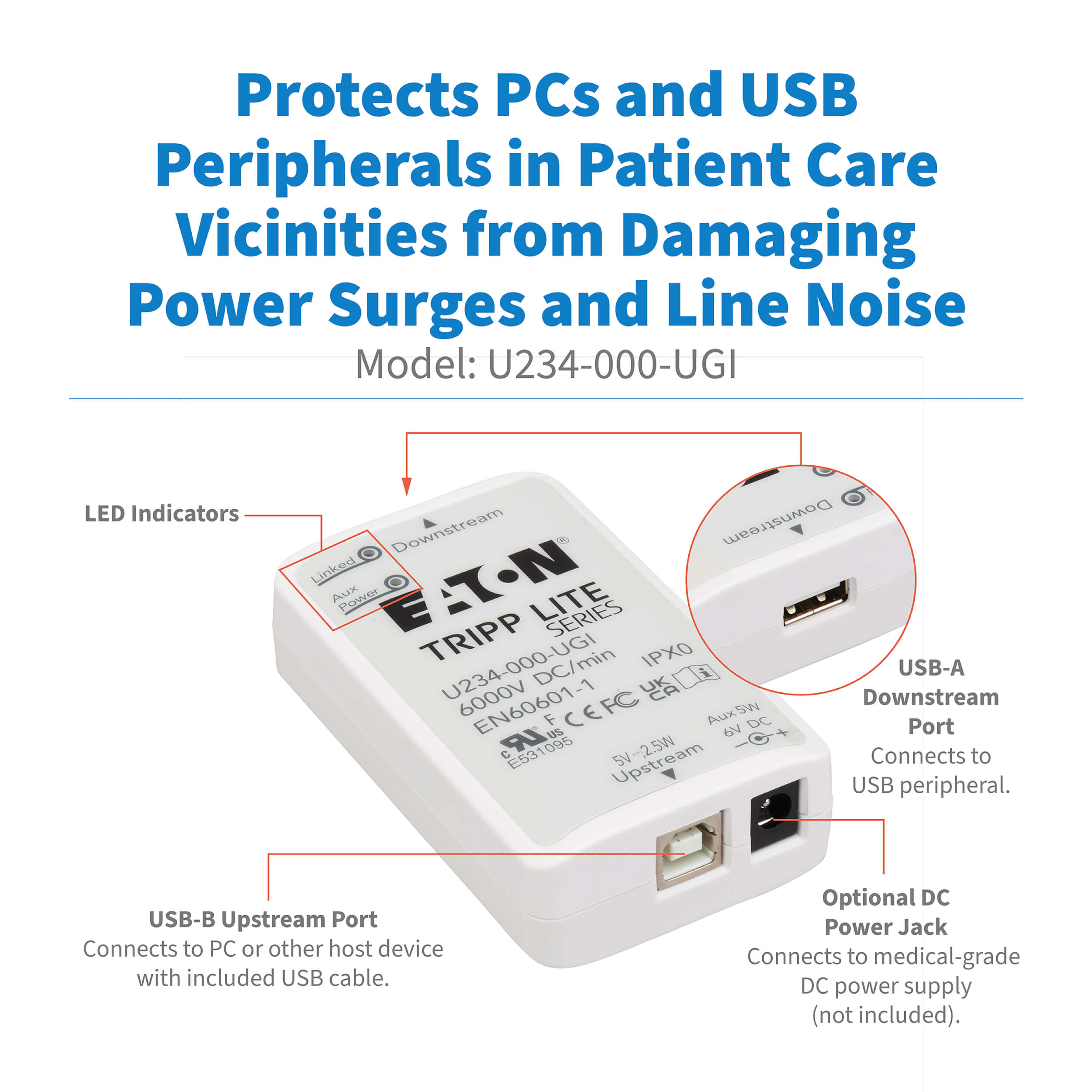 USB Galvanic Isolator, Medical, 6kV 1-Minute insulation, USB 2.0 | Eaton