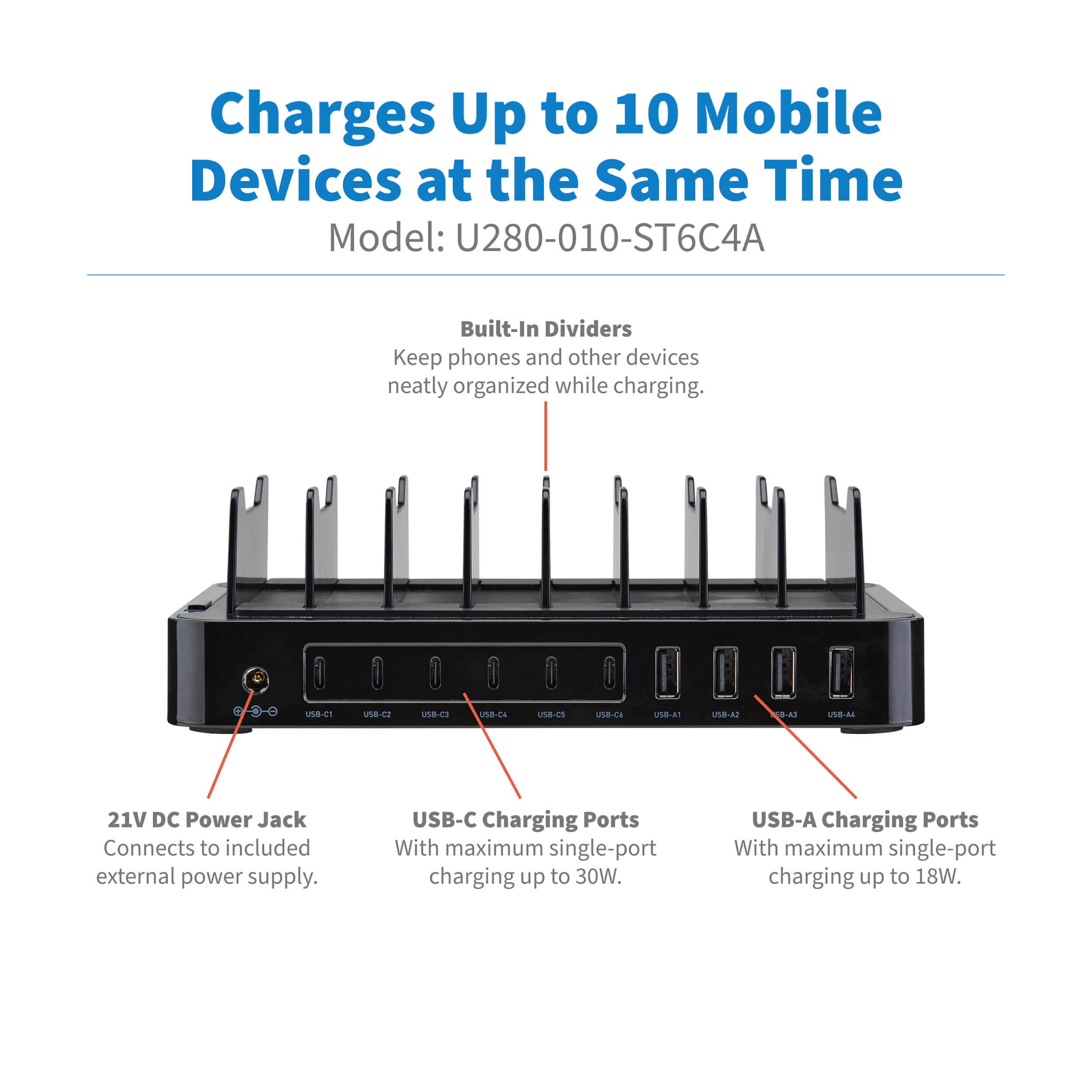 10-Port USB Charging Station, 21V 7.1A 120W, 6x USB-C, 4x USB-A | Eaton