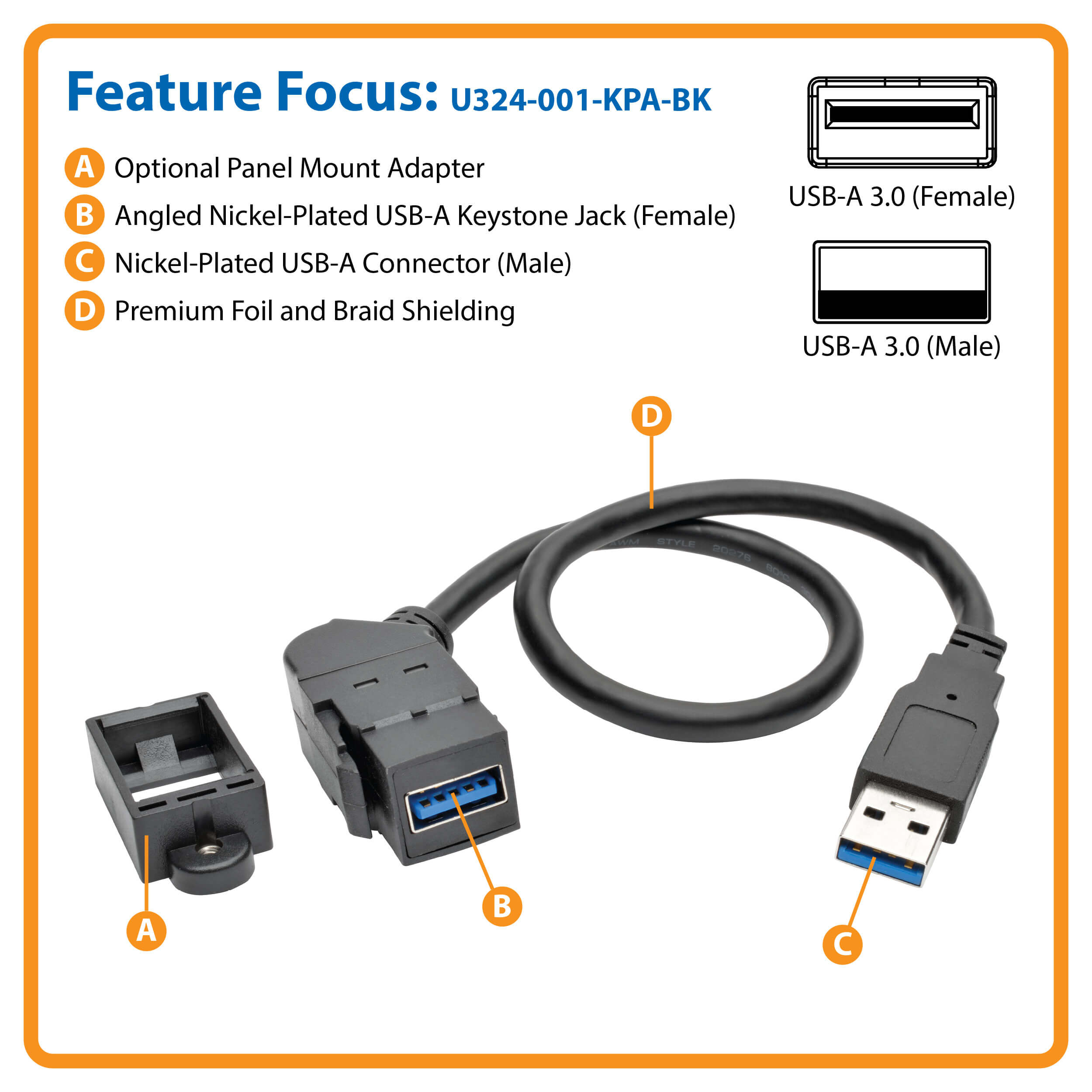 USB 3.0 All-in-One Keystone/Panel Mount Extension Cable, 1-ft. | Eaton