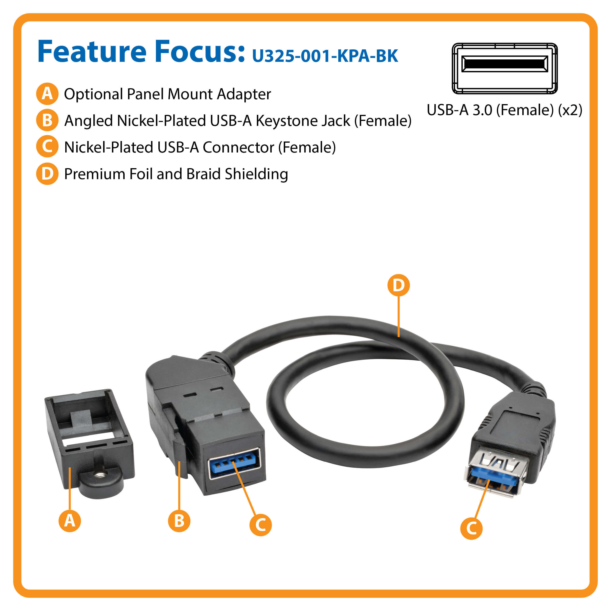 USB 3.0 All-in-One Keystone/Panel Mount Coupler Cable 1-ft. | Eaton