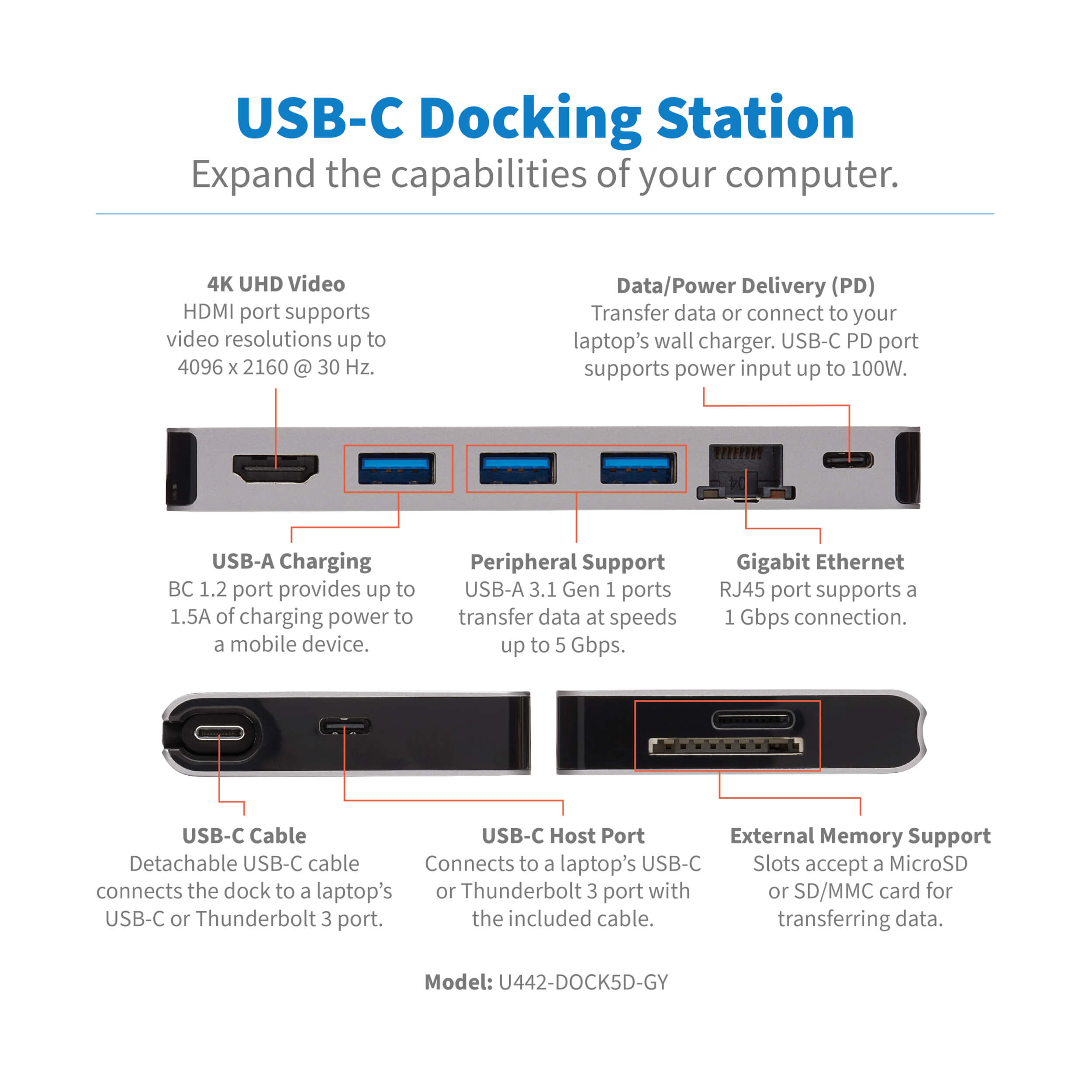 USB-C Dock, HDMI, USB-A, Ethernet, 100W PD Charging, Storage | Eaton