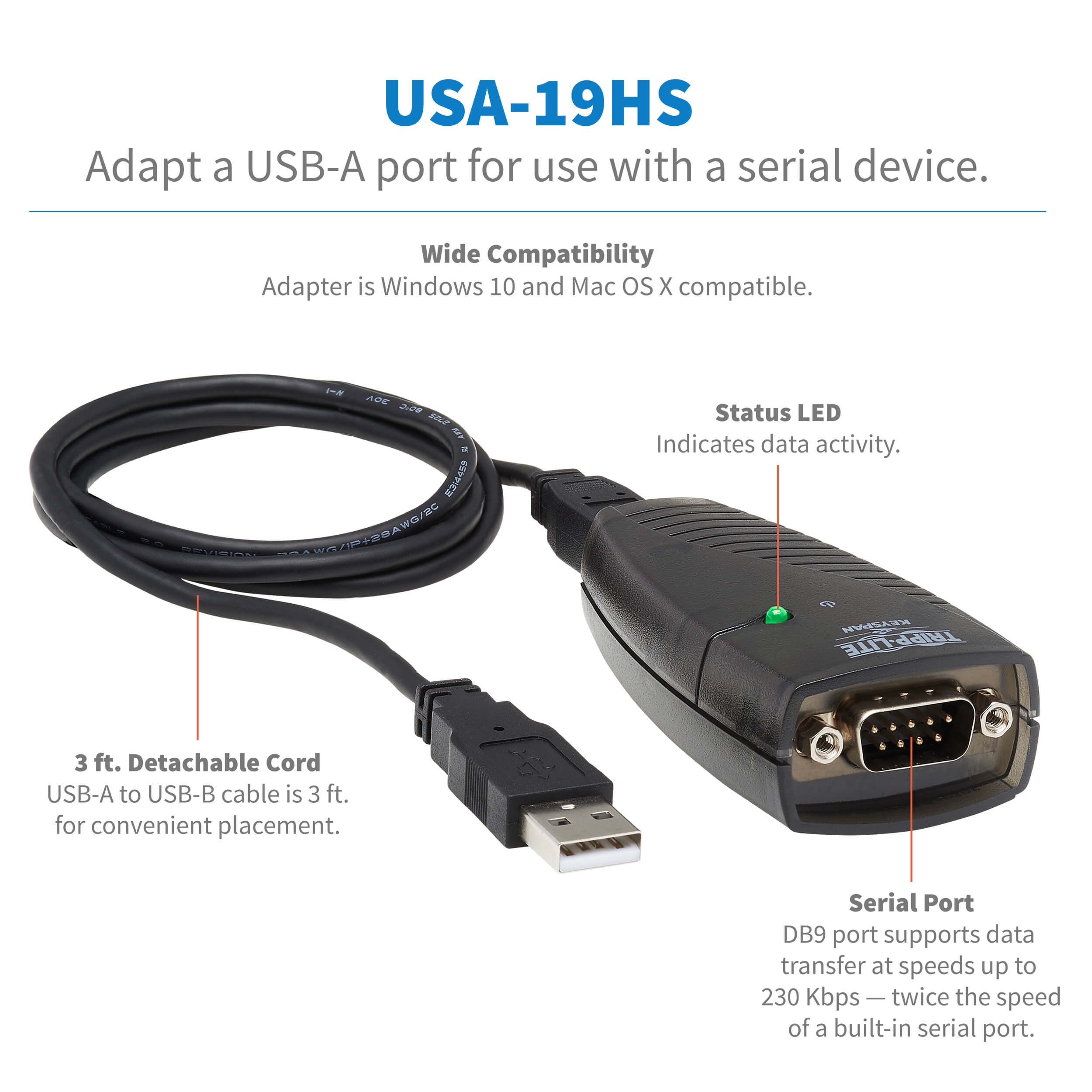 Keyspan RS232 to USB-A Adapter, DB9, 3-ft Cable | Eaton