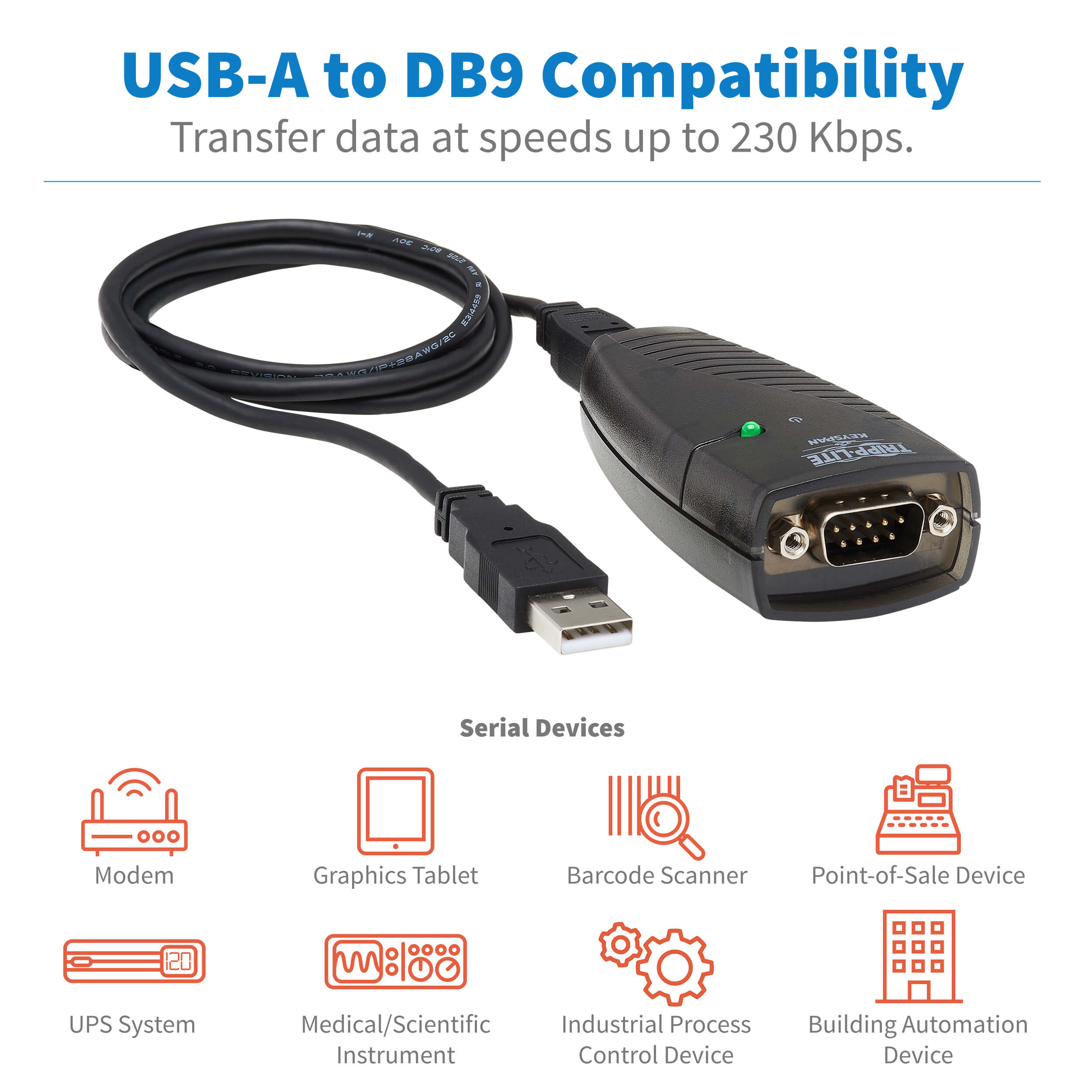 Keyspan RS232 to USB-A Adapter, DB9, 3-ft Cable | Eaton