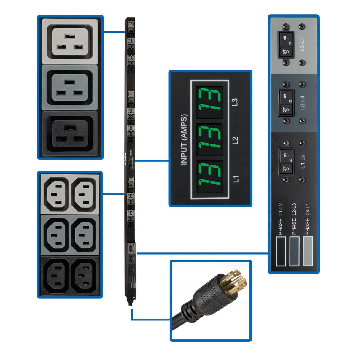 3-Phase Metered PDU, 8.6 kW, 45 208V C13, C19 outlets, 6 ft. L21-30P ...