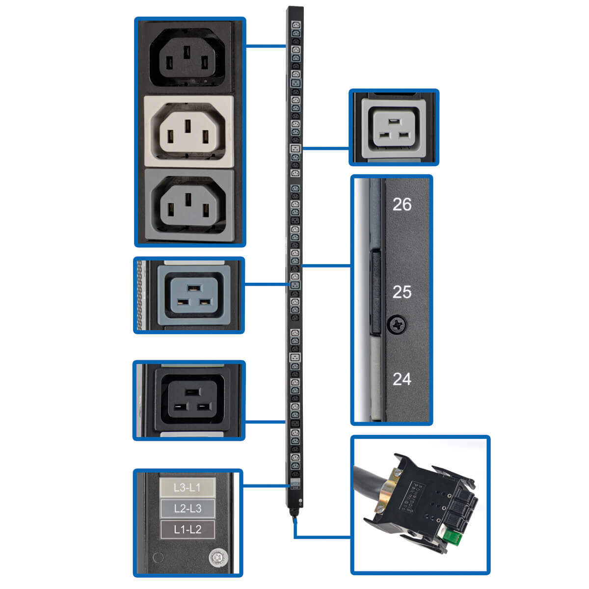 8.6/12.6kW 3-Phase Vertical PDU Strip, 208V C13, C19 Outlets, 0U ...