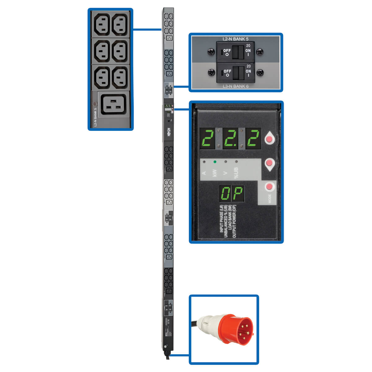 3-Phase Metered PDU, 23kW, C13, C19 208-240V outlets, IEC309 32A Red ...