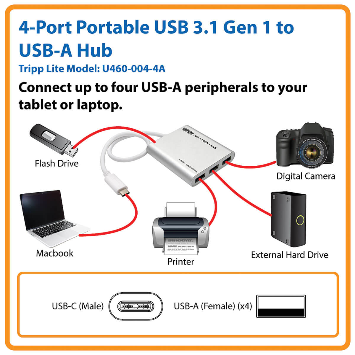 4-Port USB-C Hub, USB-C to 4x USB-A Ports, USB 3.0, Silver | Eaton