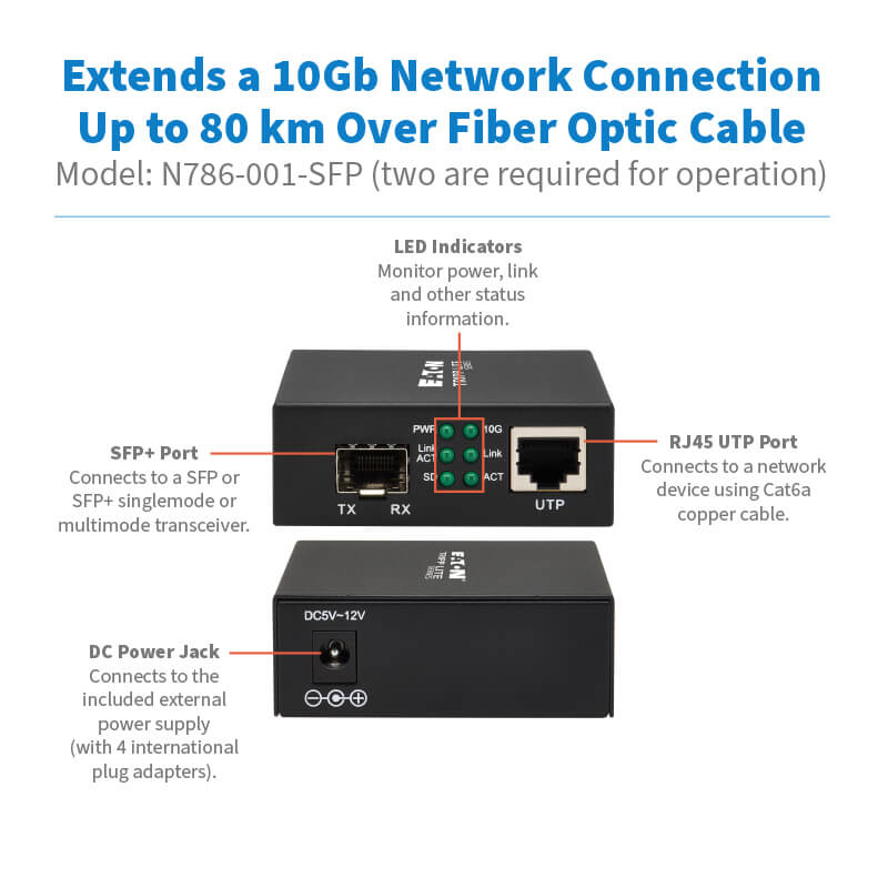 10Gb SFP+ to RJ45 Media Converter, 850 nm, 1310 nm Compatible, 80km | Eaton